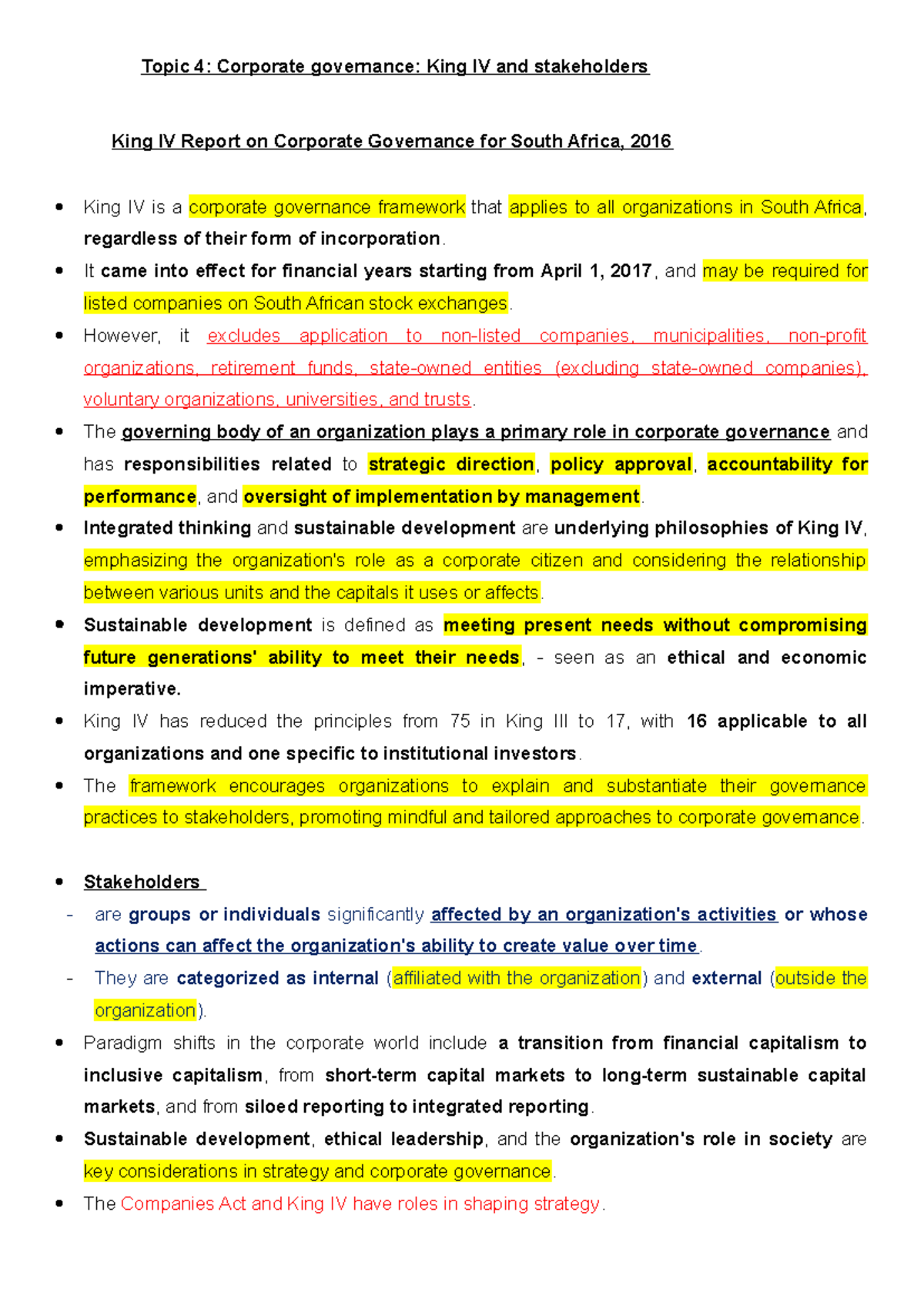 Topic 4 - Topic 4: Corporate governance: King IV and stakeholders King ...