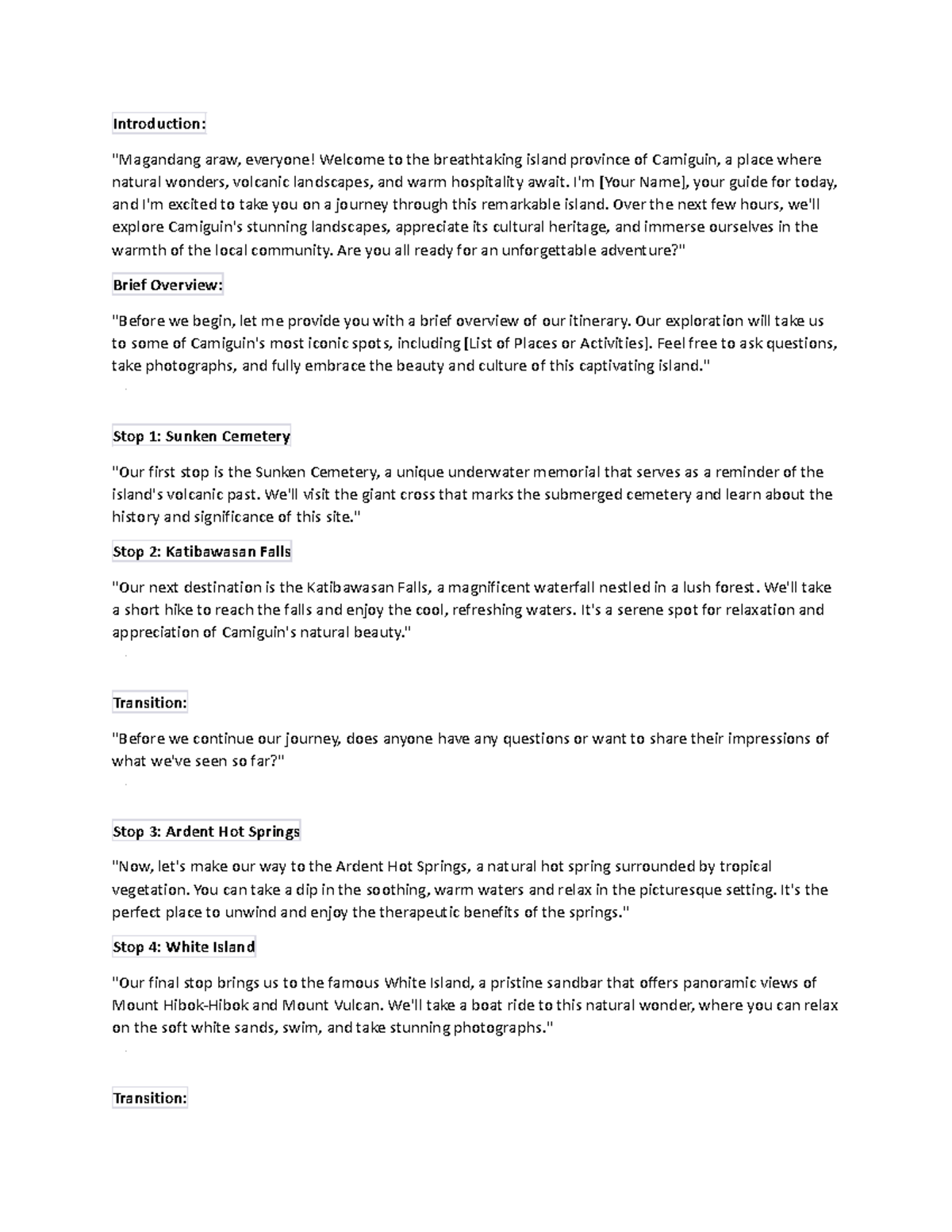 Tour Guiding Script for Camiguin - Introduction: "Magandang araw ...