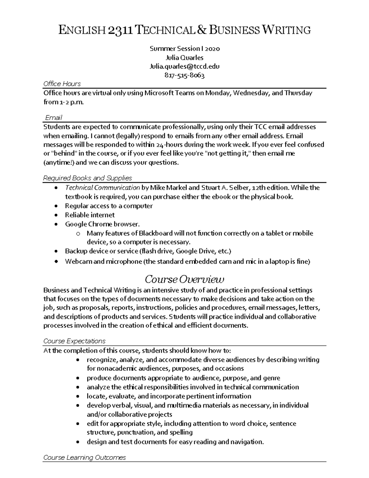 Syllabus - English 2311 - SSI 2020(1) - ENGLISH 2311 TECHNICAL ...