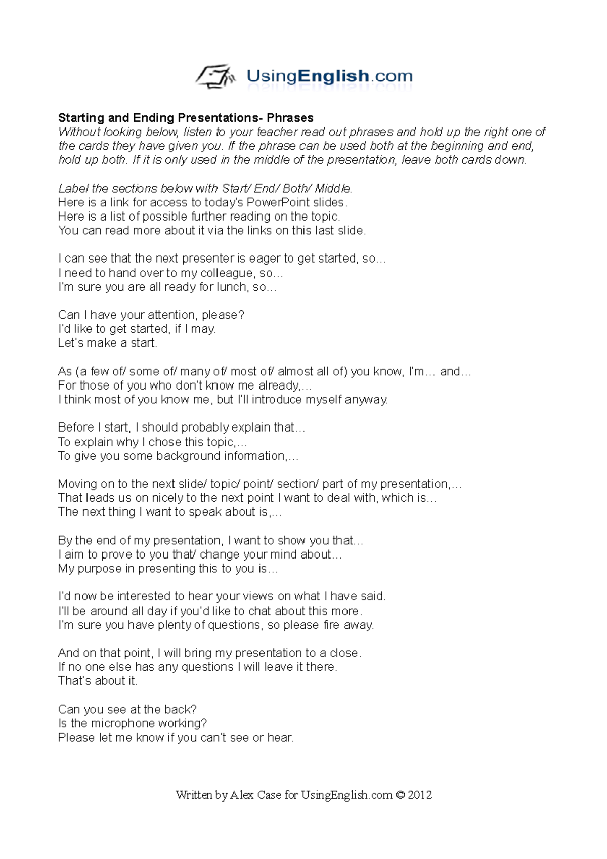 Business english starting and ending presentations phrases - Starting ...