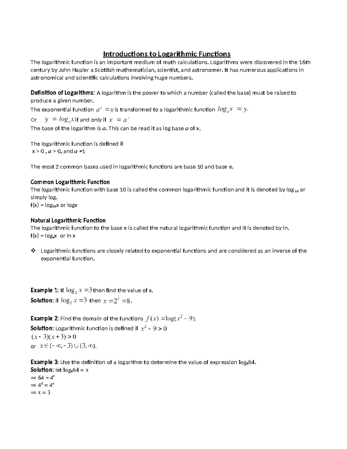 Introduction to Logarithmic Functions - Logarithms were discovered in ...