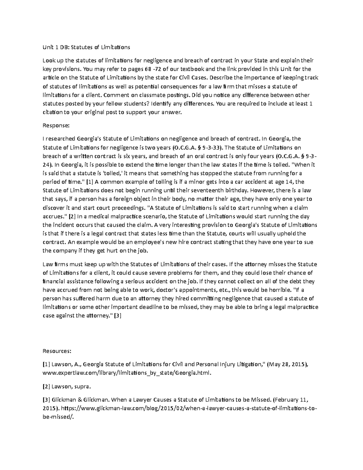 LAW203 Unit 1 DB - Discussion Board in which the student explains the ...