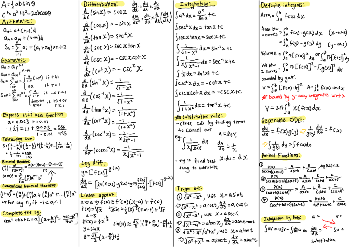 Midterm cheatsheet - A=1absino Differentiation: dy-dyxde Integration ...