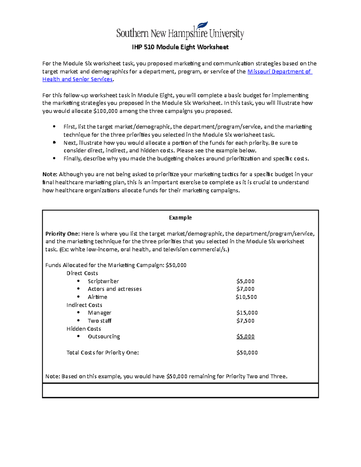 IHP 510 Module Eight Worksheet - IHP 510 Module Eight Worksheet For the ...