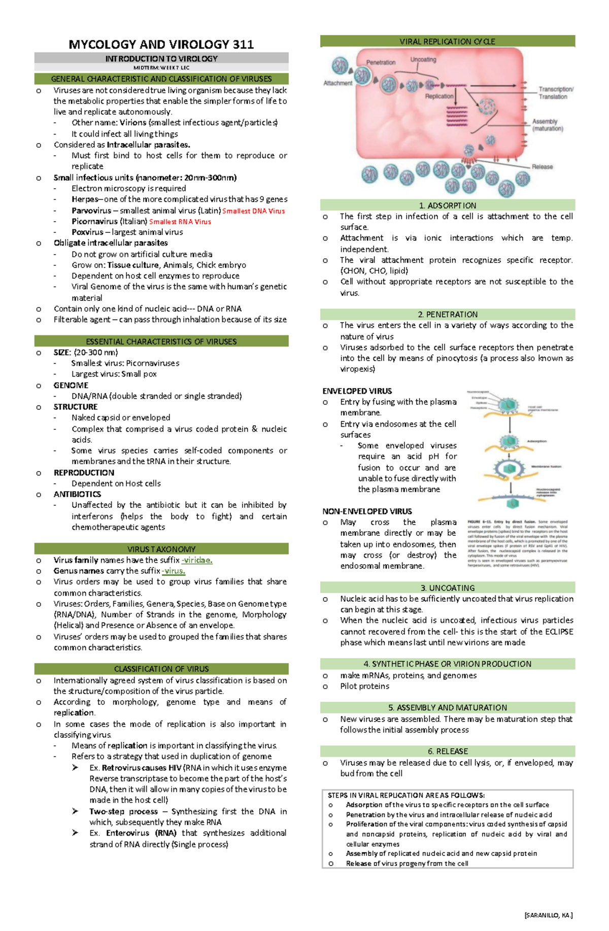 MYCV LEC WEEK 7 - Introduction TO Virology - MYCOLOGY AND VIROLOGY 311 INTRODUCTION TO VIROLOGY ...