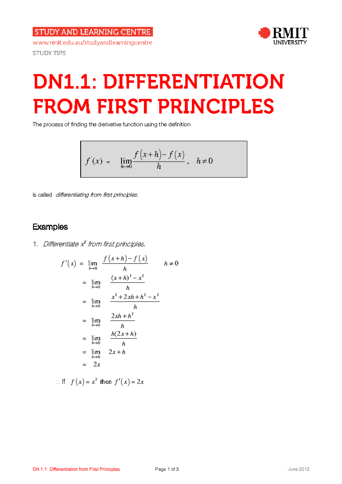 Differentiation From First Principles - Examples 1. Differentiate x 2 ...