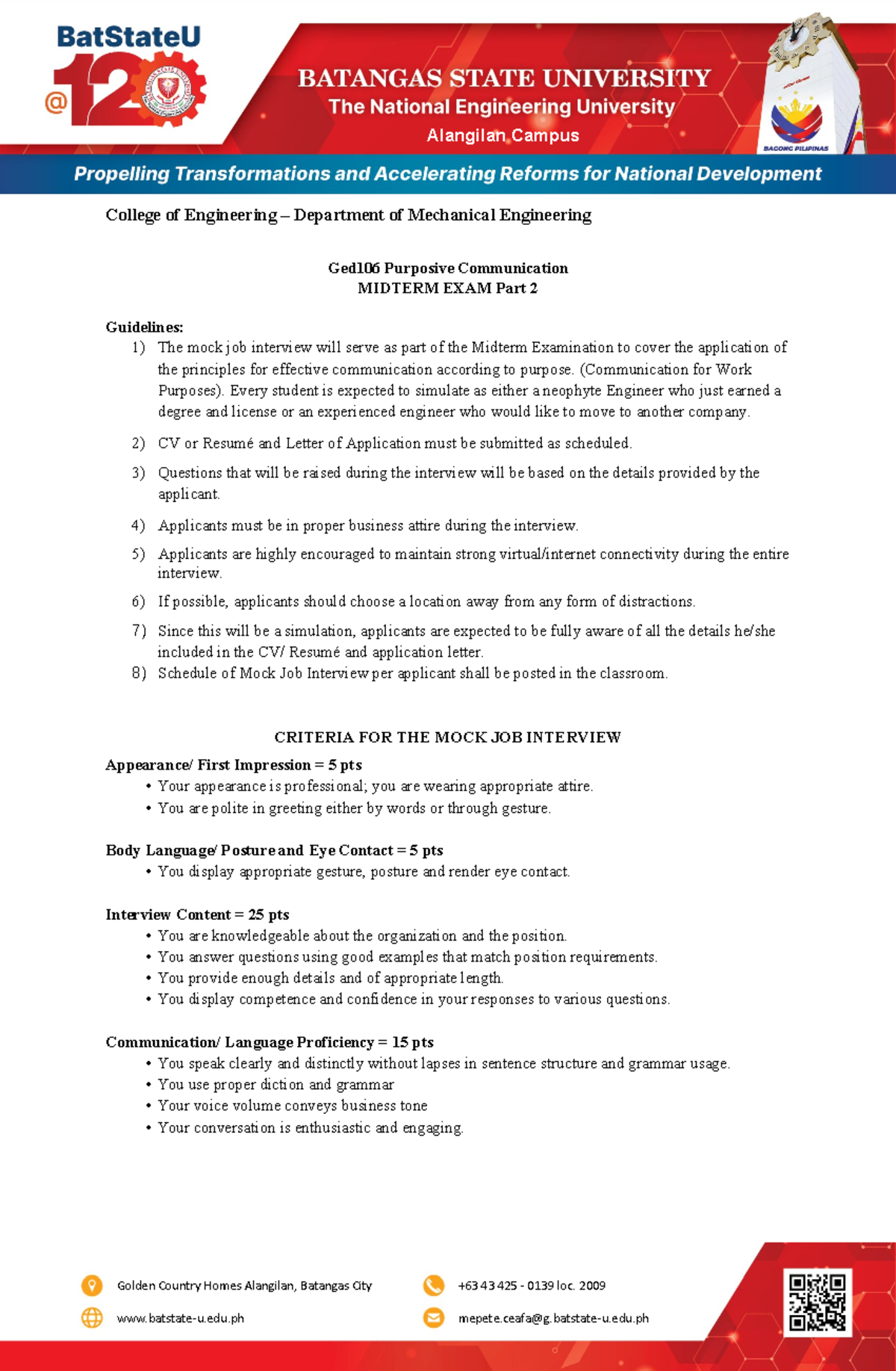 2023 Midterm EXAM Mock Job Interview - College of Engineering – Department of Mechanical ...