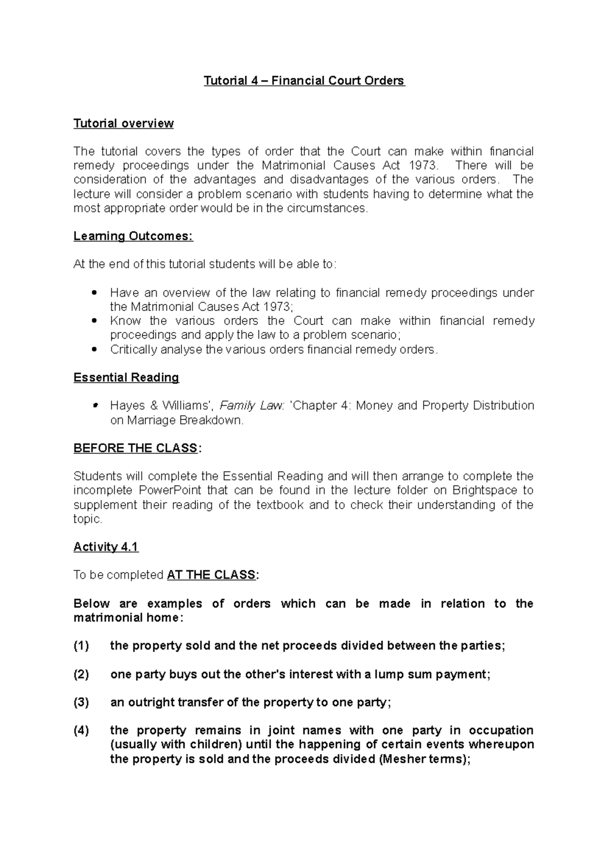 Tutorial 4 family law - Tutorial 4 – Financial Court Orders Tutorial ...