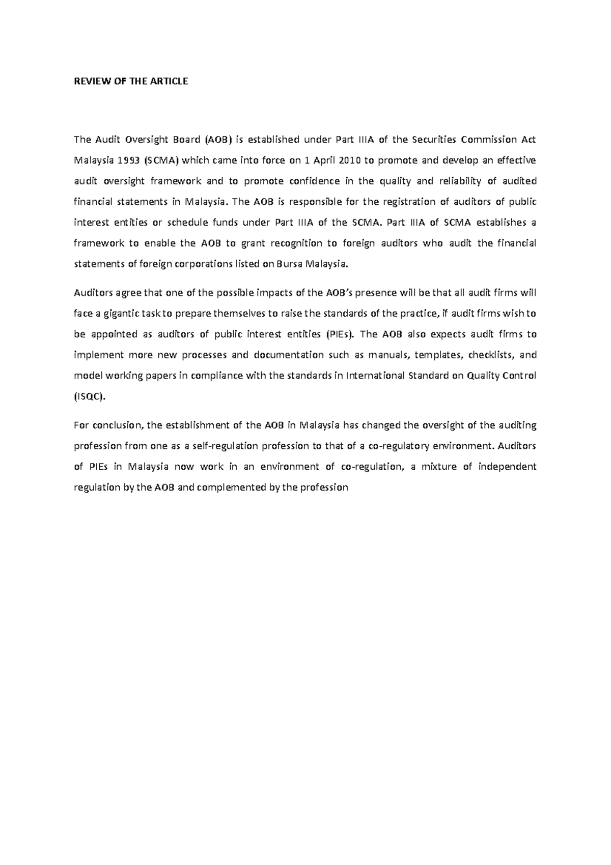 Review OF THE Article - REVIEW OF THE ARTICLE The Audit Oversight Board ...