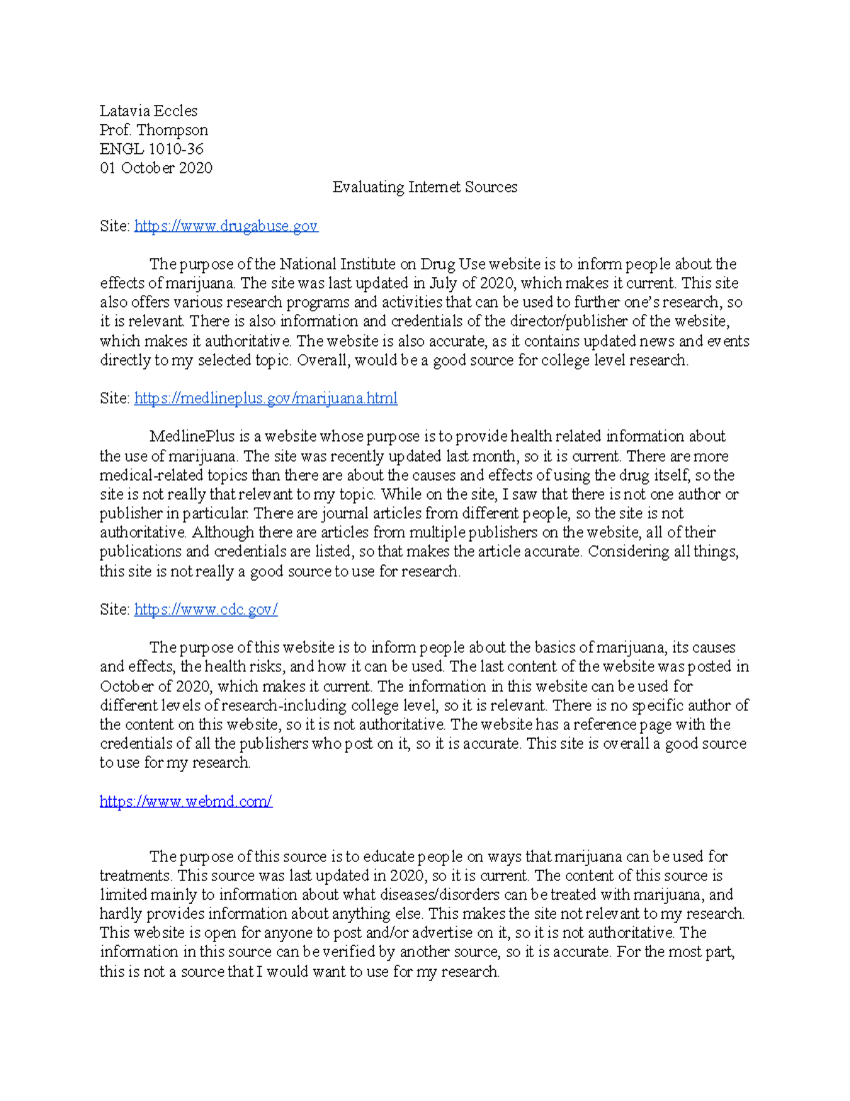 Evaluating internet sources - Latavia Eccles Prof. Thompson ENGL 1010 ...