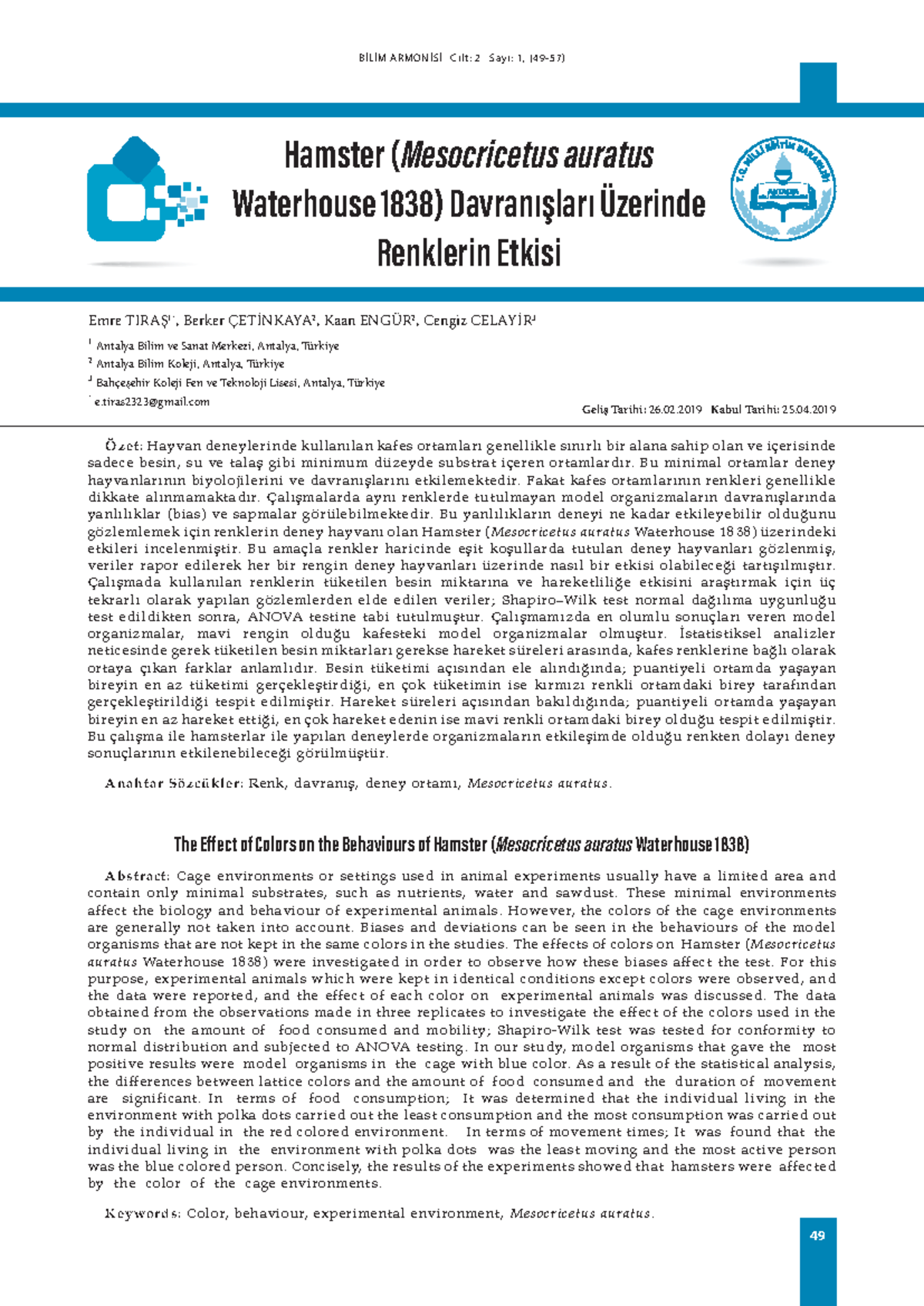 Hamster Davranışları Üzerinde Renklerin Etkisi - 49 Hamster ...