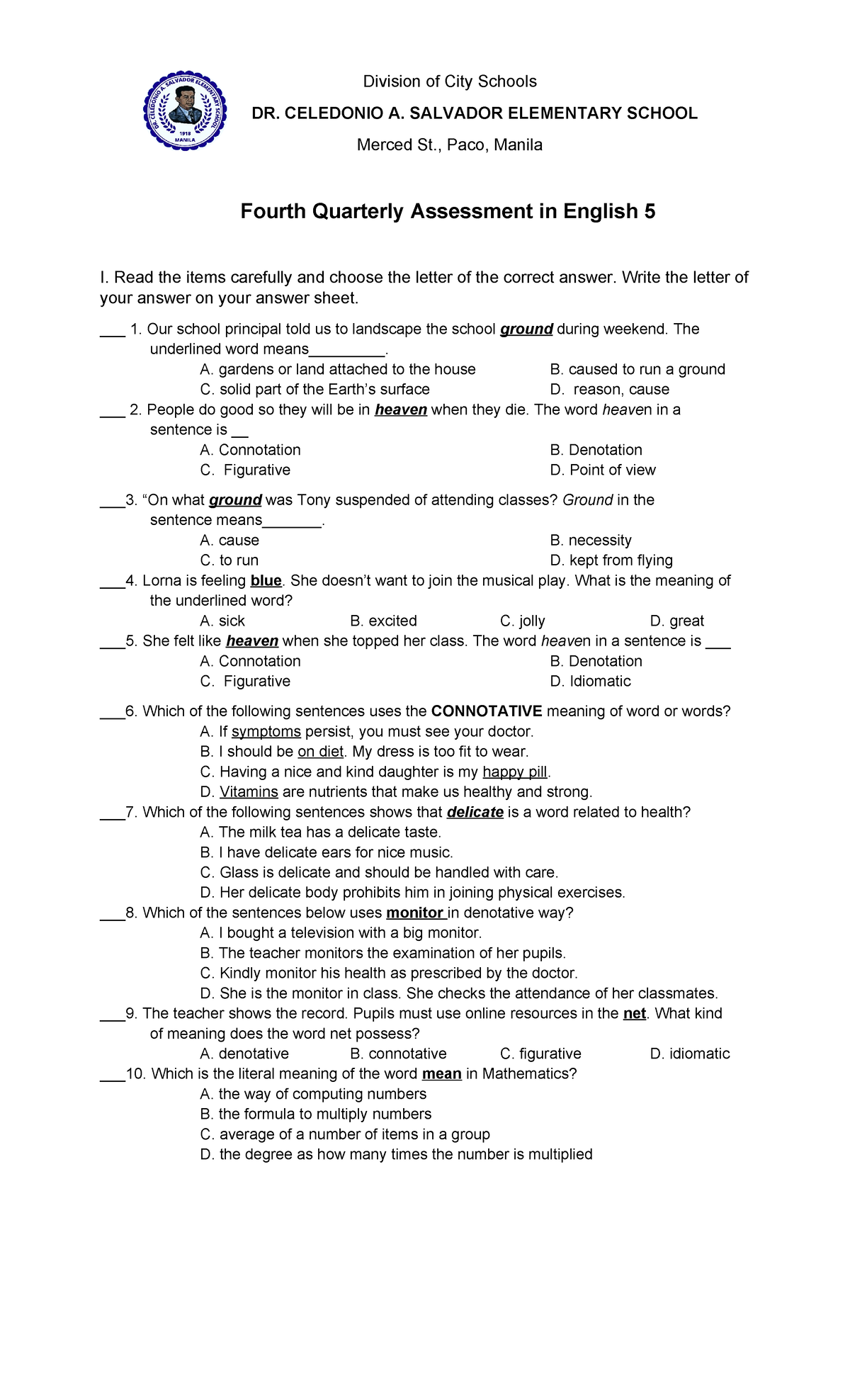 4TH Quarterly Assessment - Division of City Schools DR. CELEDONIO A ...
