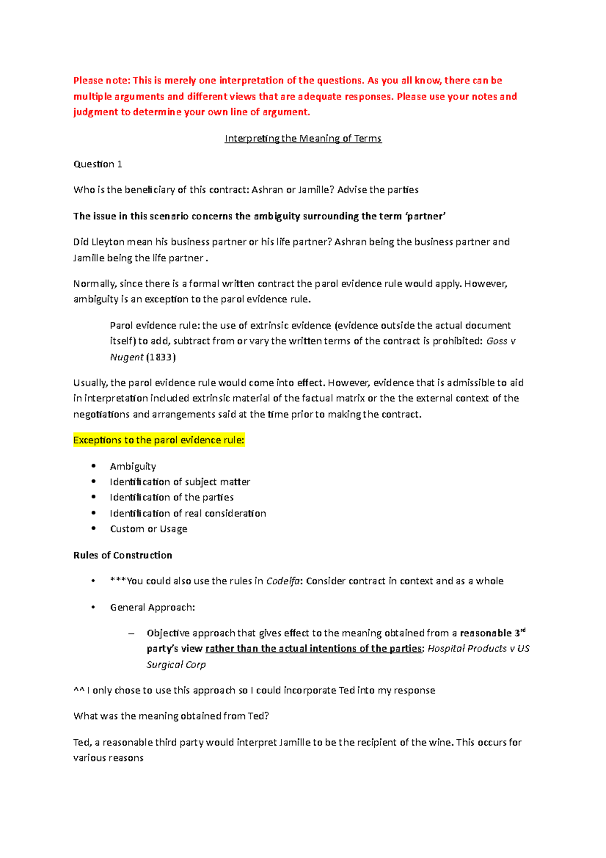 Construction + Interpretation Tutorial Questions - Please note: This is merely one ...