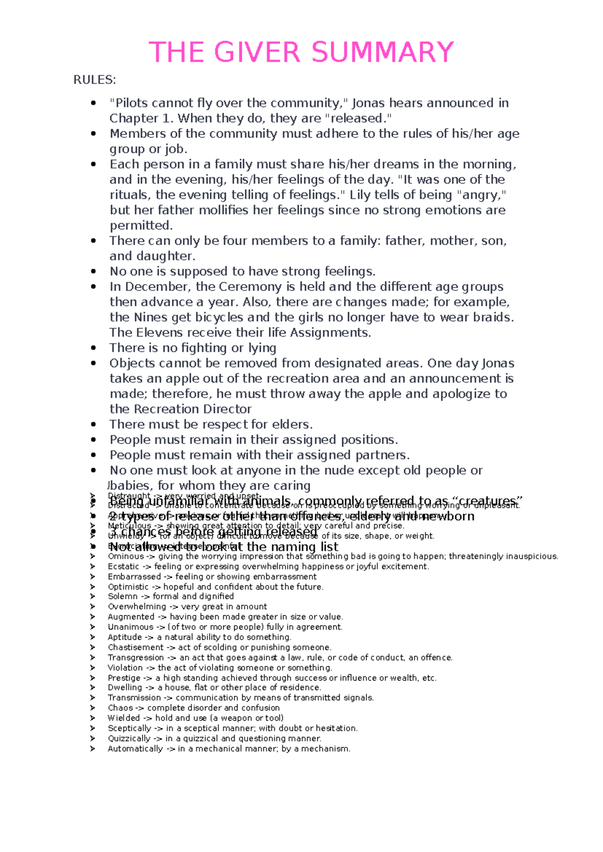 The giver plot, themes and character summary - ####### English ...