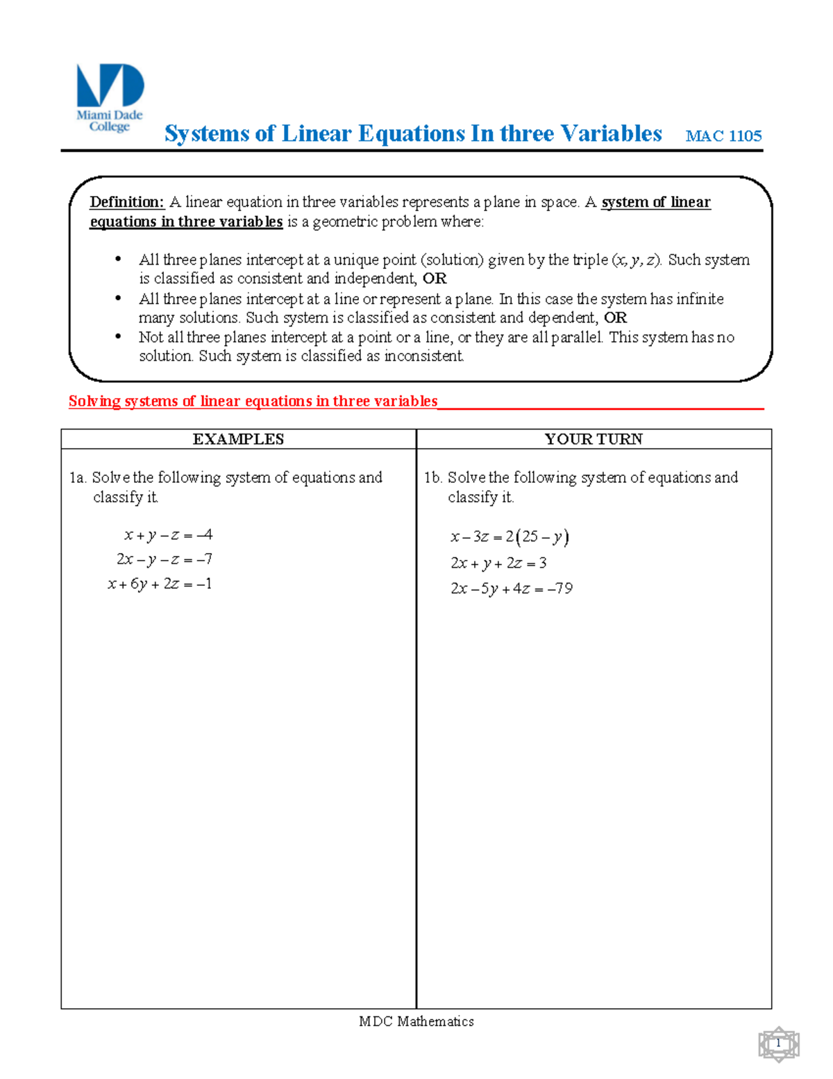 MAC 1105 Systemsof Linear Equationsin Three Equationsin Three Variables ...