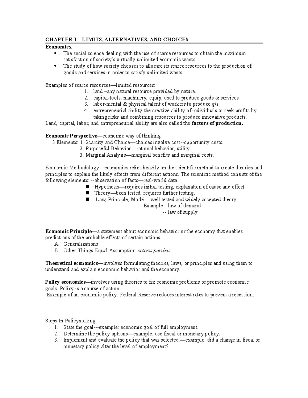 AP Macroeconomics CH 1 Handout 2014 - CHAPTER 1 – LIMITS, ALTERNATIVES ...