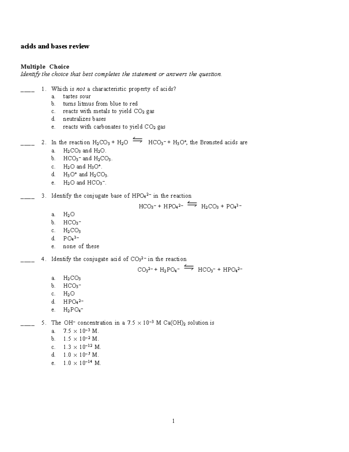 Acids and Bases review - practice - acids and bases review Multiple ...