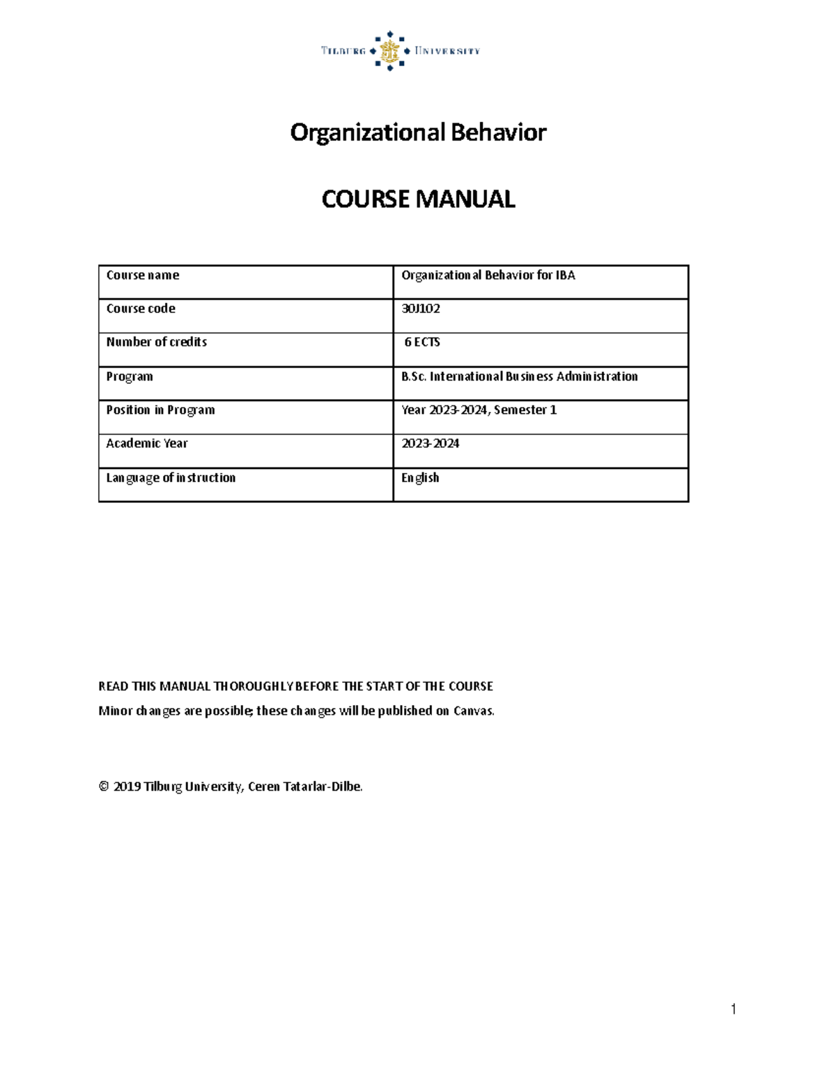 Course Manual 2023-2024 - Organizational Behavior COURSE MANUAL Course ...