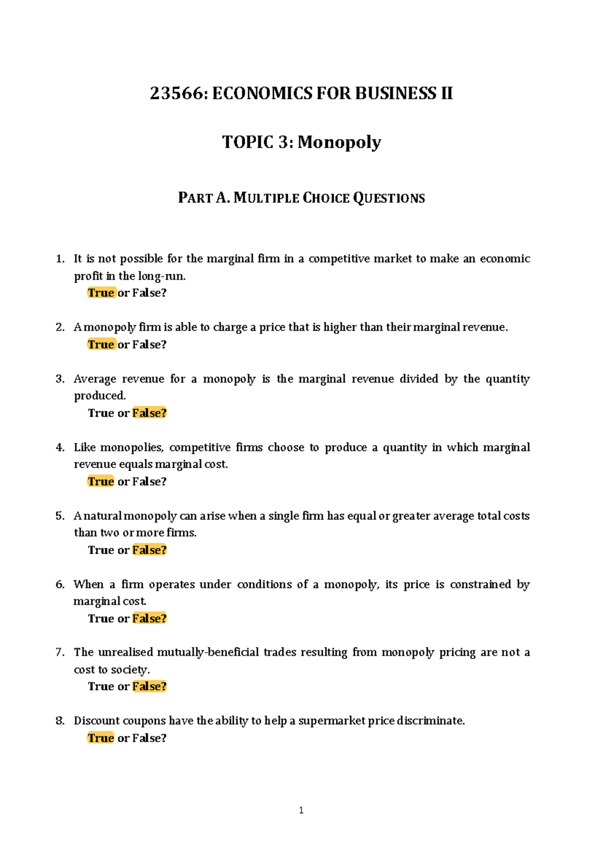 Week 4-1 - Tutorial questions - 23566: ECONOMICS FOR BUSINESS II TOPIC ...