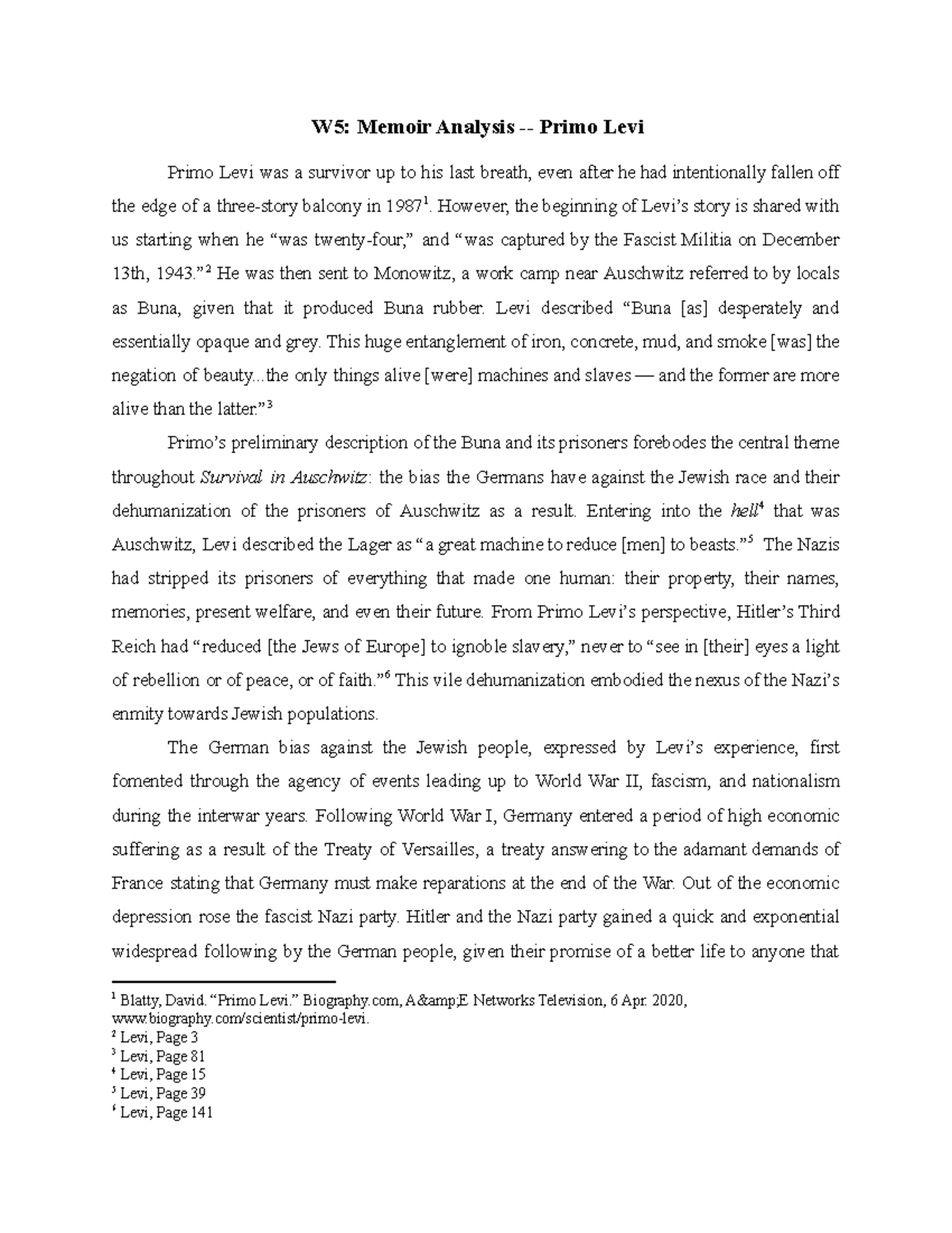 Primo Levi Primary Source Analysis - W5: Memoir Analysis - Primo Levi ...