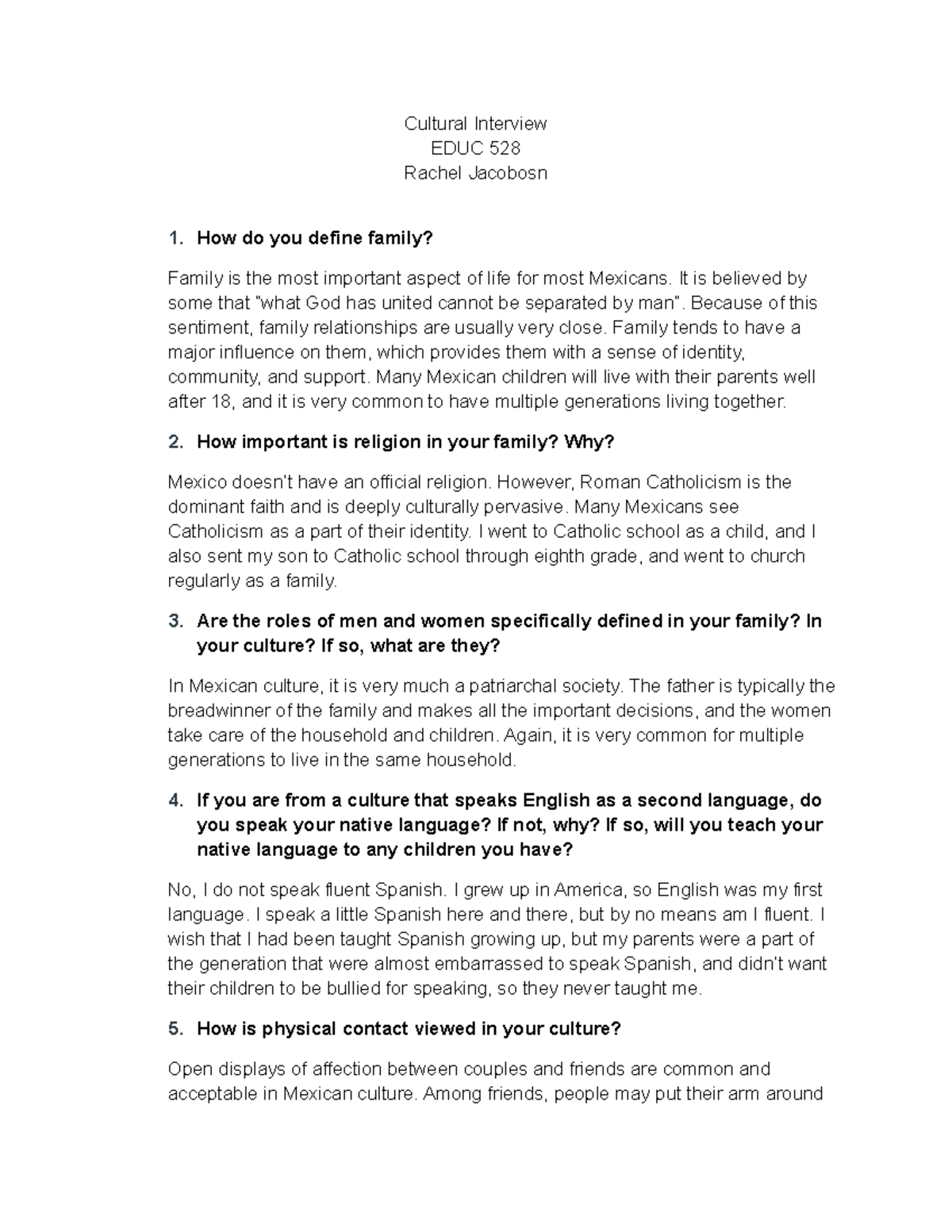 Cultural Interview - Professor Kristen Cooper - Cultural Interview EDUC ...