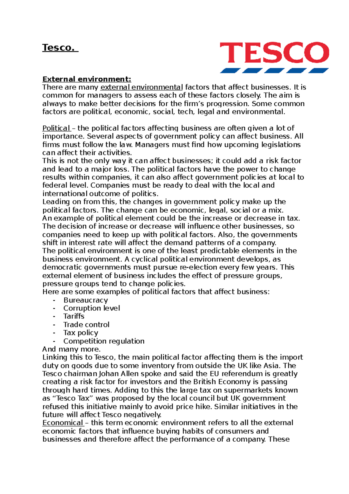 Business Coursework C and D - Tesco. External environment: There are ...