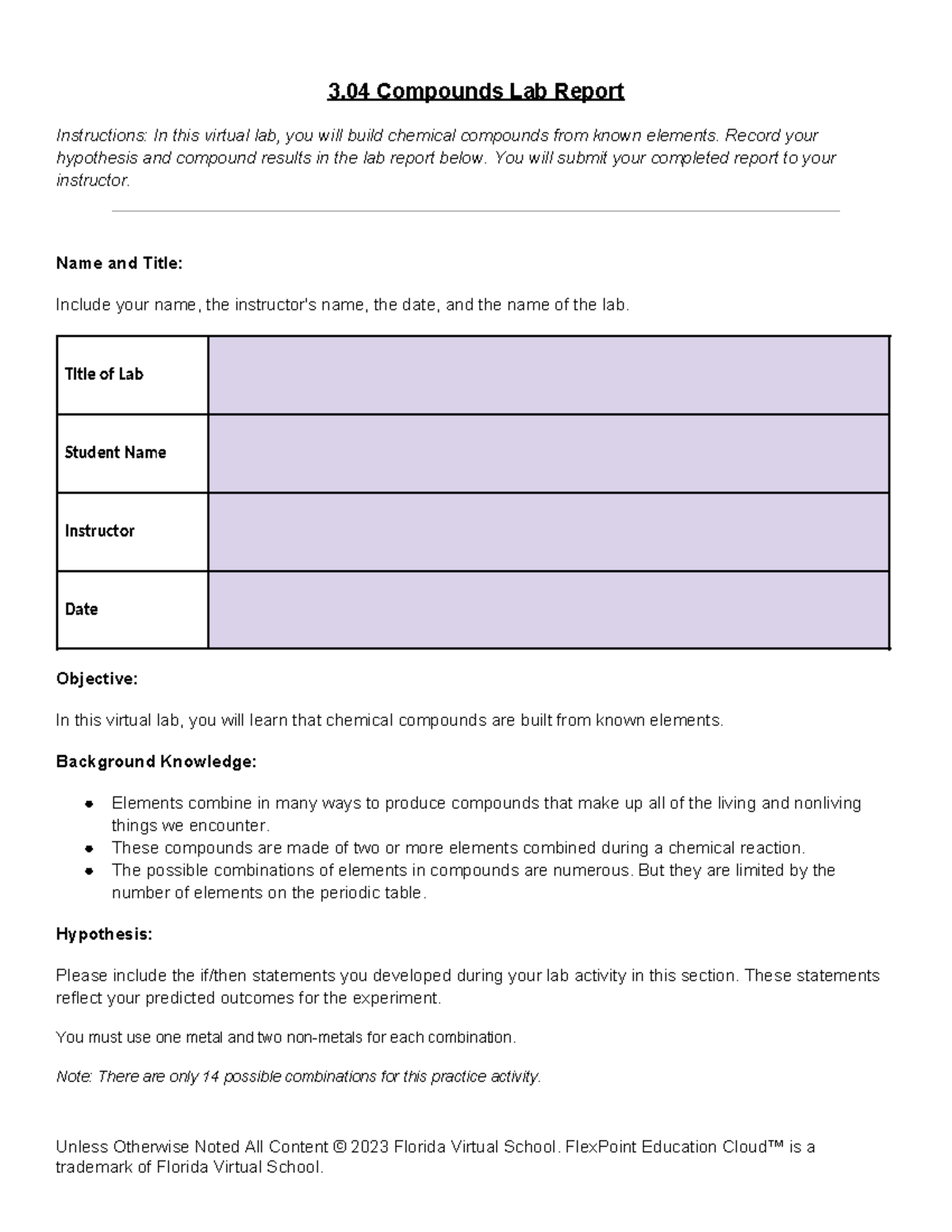 3 - so easy - 3 Compounds Lab Report Instructions: In this virtual lab ...