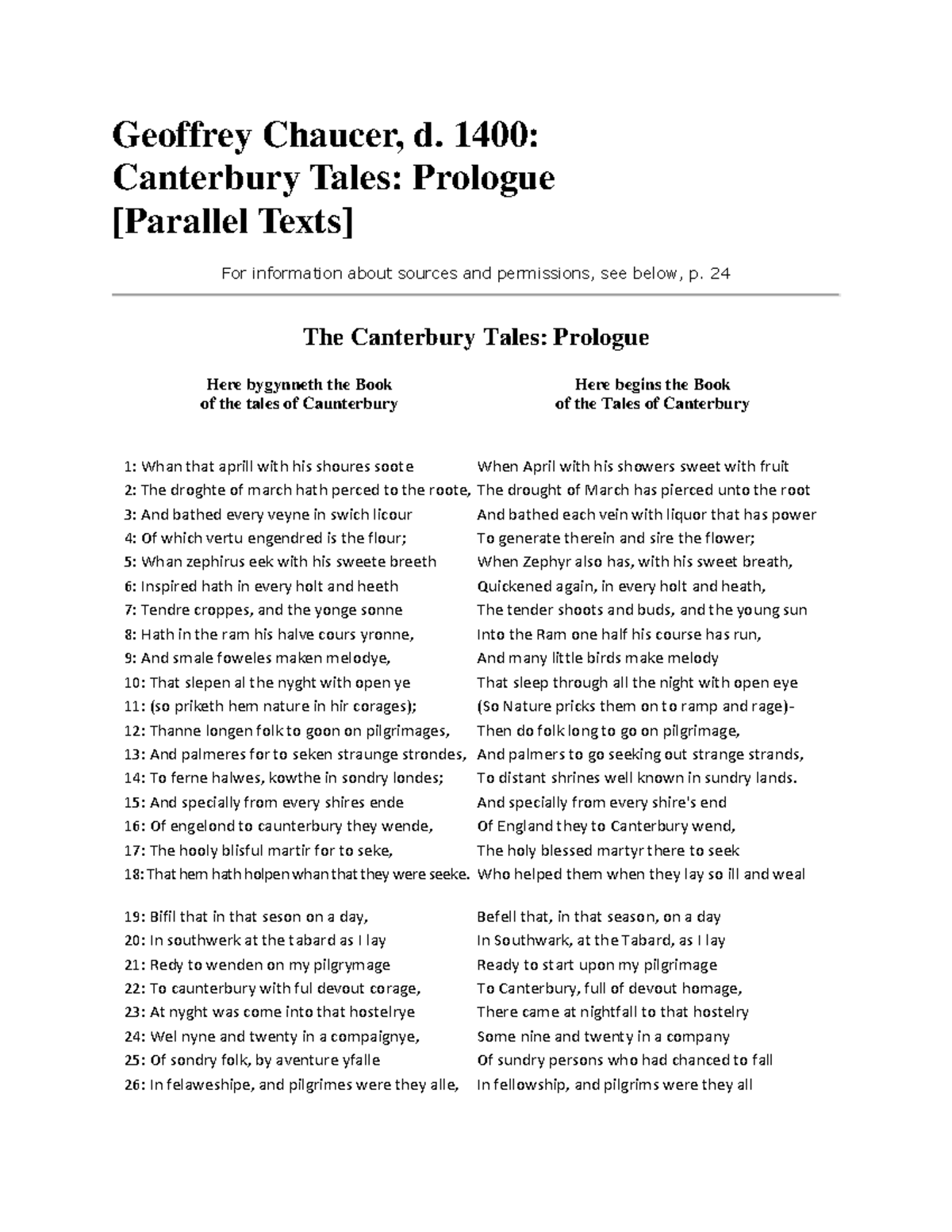 The Canterbury Tales Prologue Text - Geoffrey Chaucer, d. 1400 ...