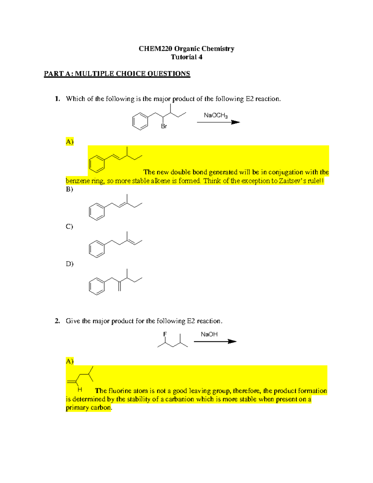 Tutorial 4 Elimination solution MT 2020 - CHEM220 Organic Chemistry ...