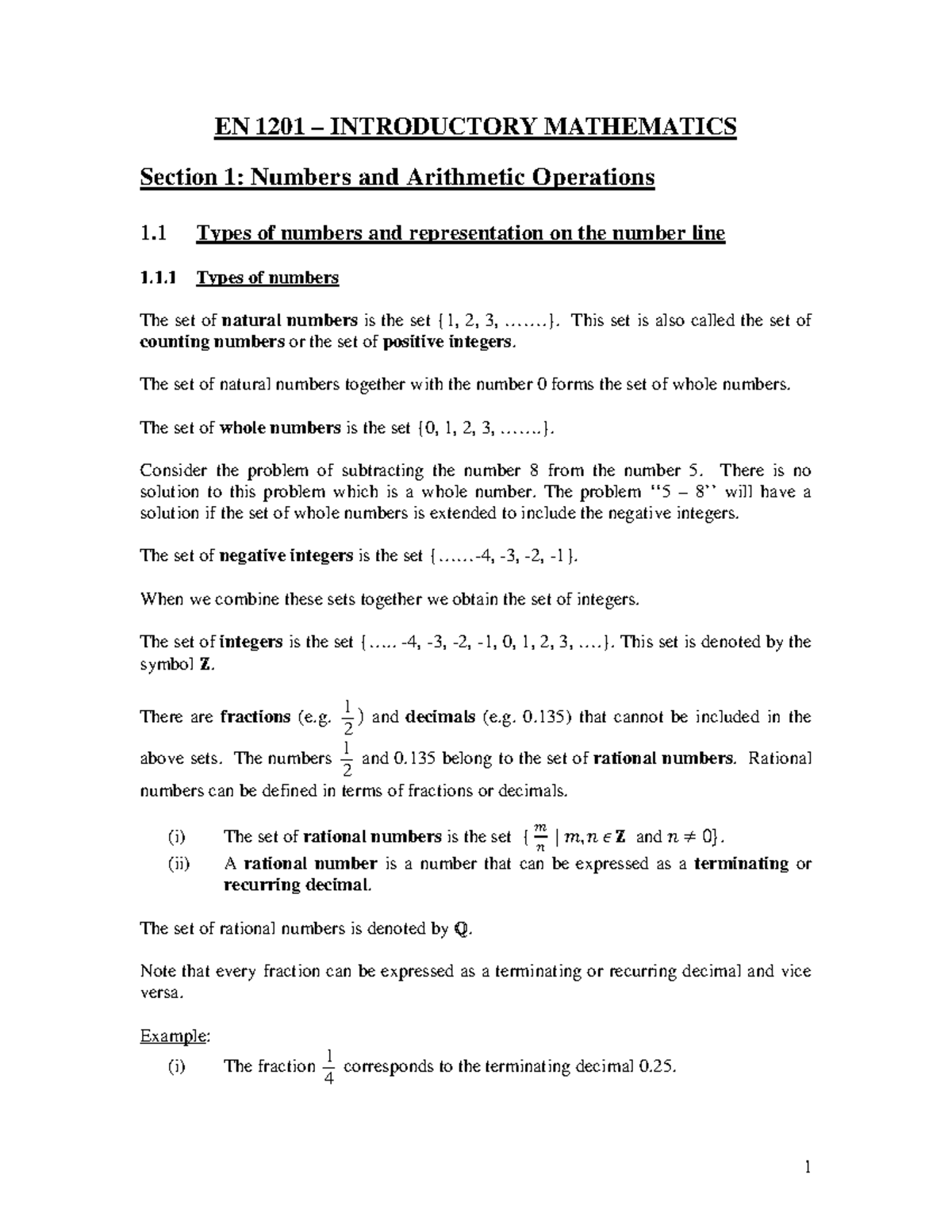 Mathematics For Computing -Section 1 - Number - EN 1201 – INTRODUCTORY ...