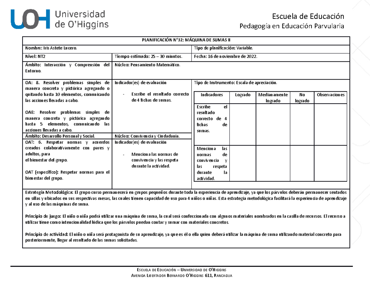 Planificación N°32 Máquina de sumas II - Pedagogía en Educación Parvularia PLANIFICACIÓN N°32 ...