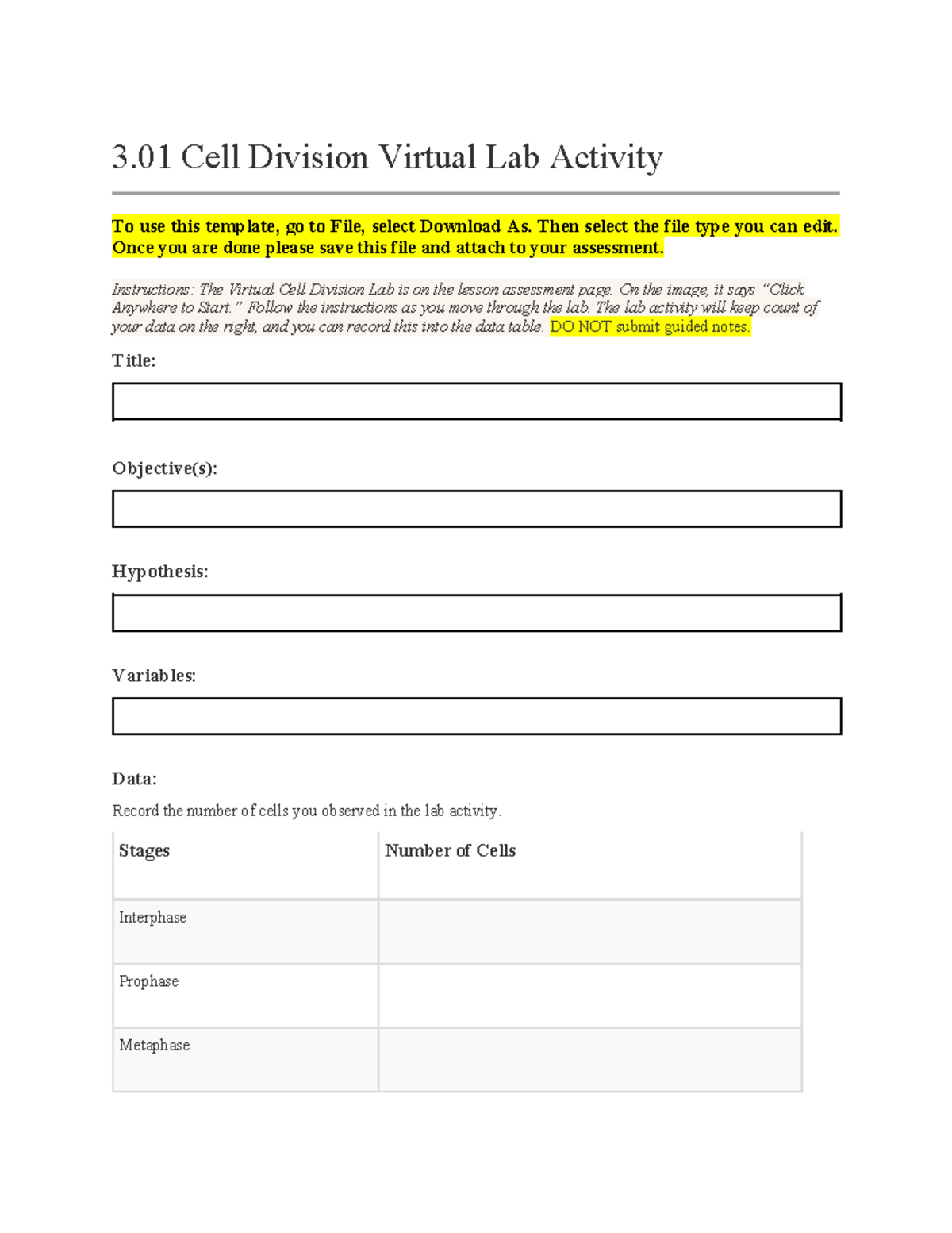 3.01 Bio Lab Report 2 - Lab - 3 Cell Division Virtual Lab Activity To ...