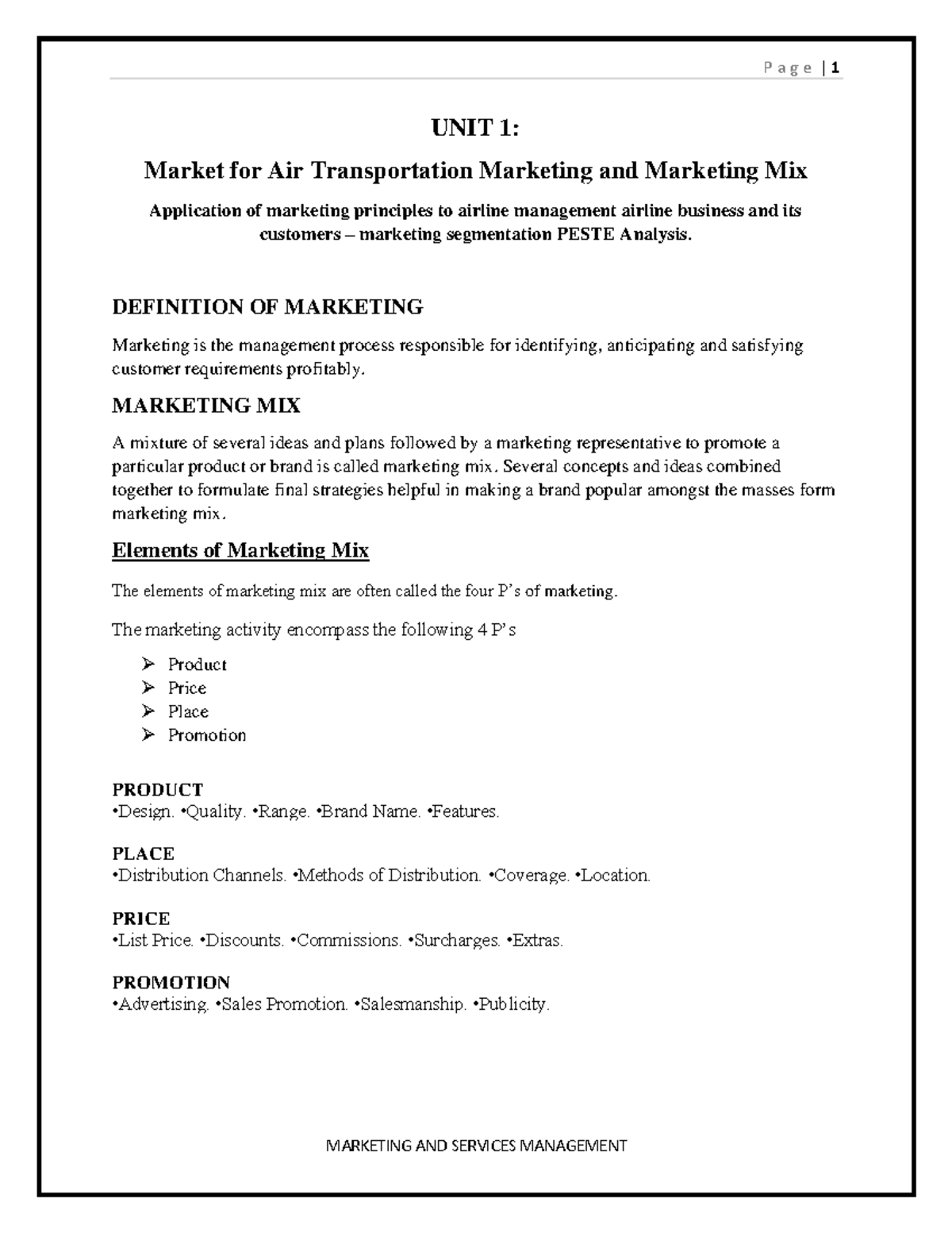 MSM UNIT 1 - Good - UNIT 1: Market for Air Transportation Marketing and ...