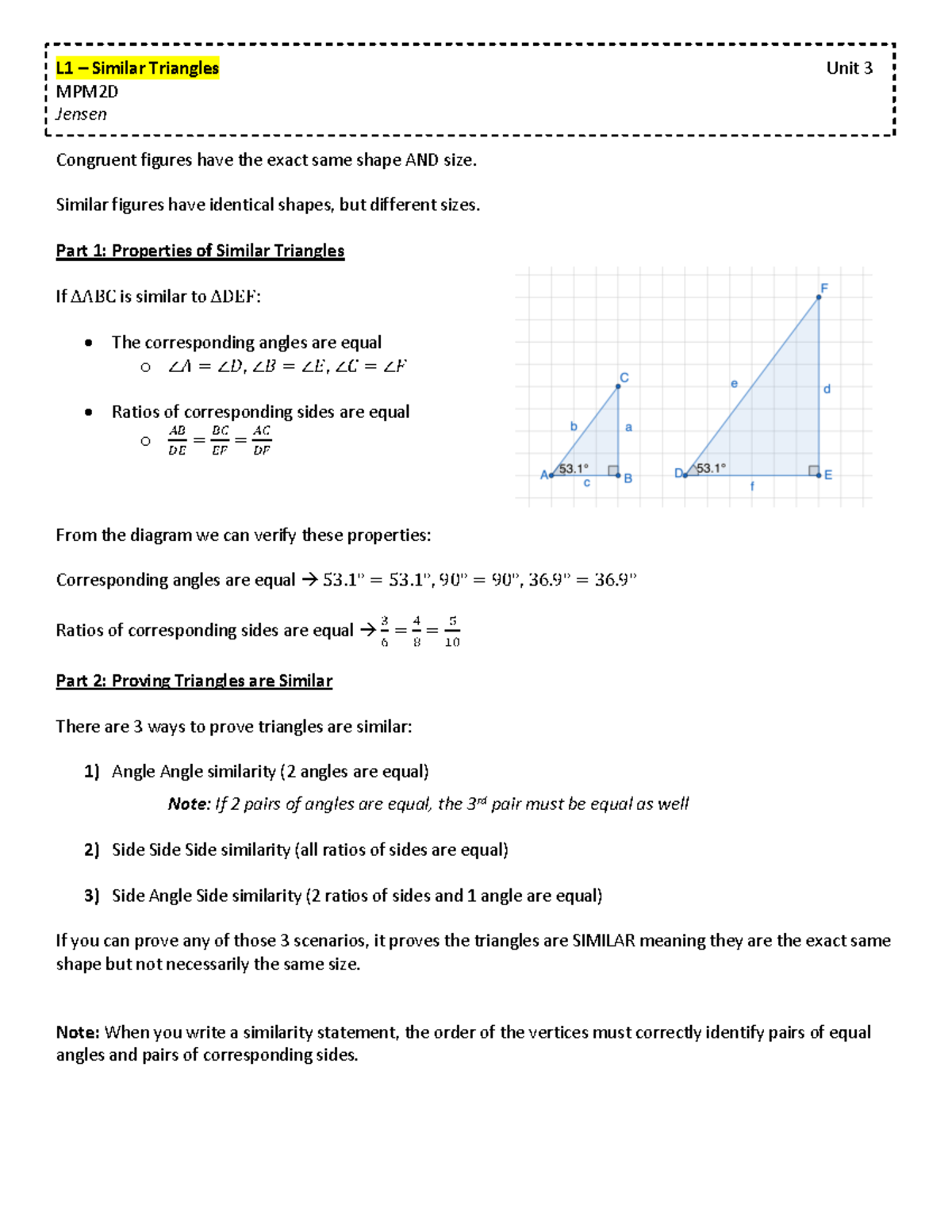 U6l1s+similar+triangles - L1 – Similar Triangles Unit 3 MPM2D Jensen ...