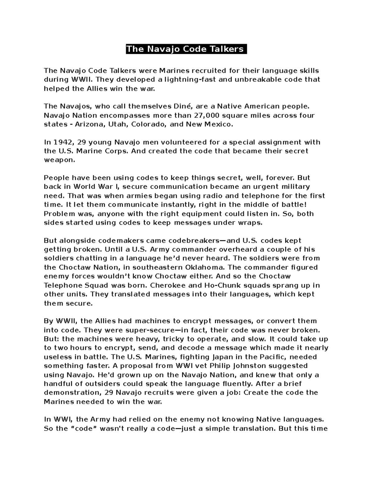 5. The Navajo Code Talkers - The Navajo Code Talkers The Navajo Code ...