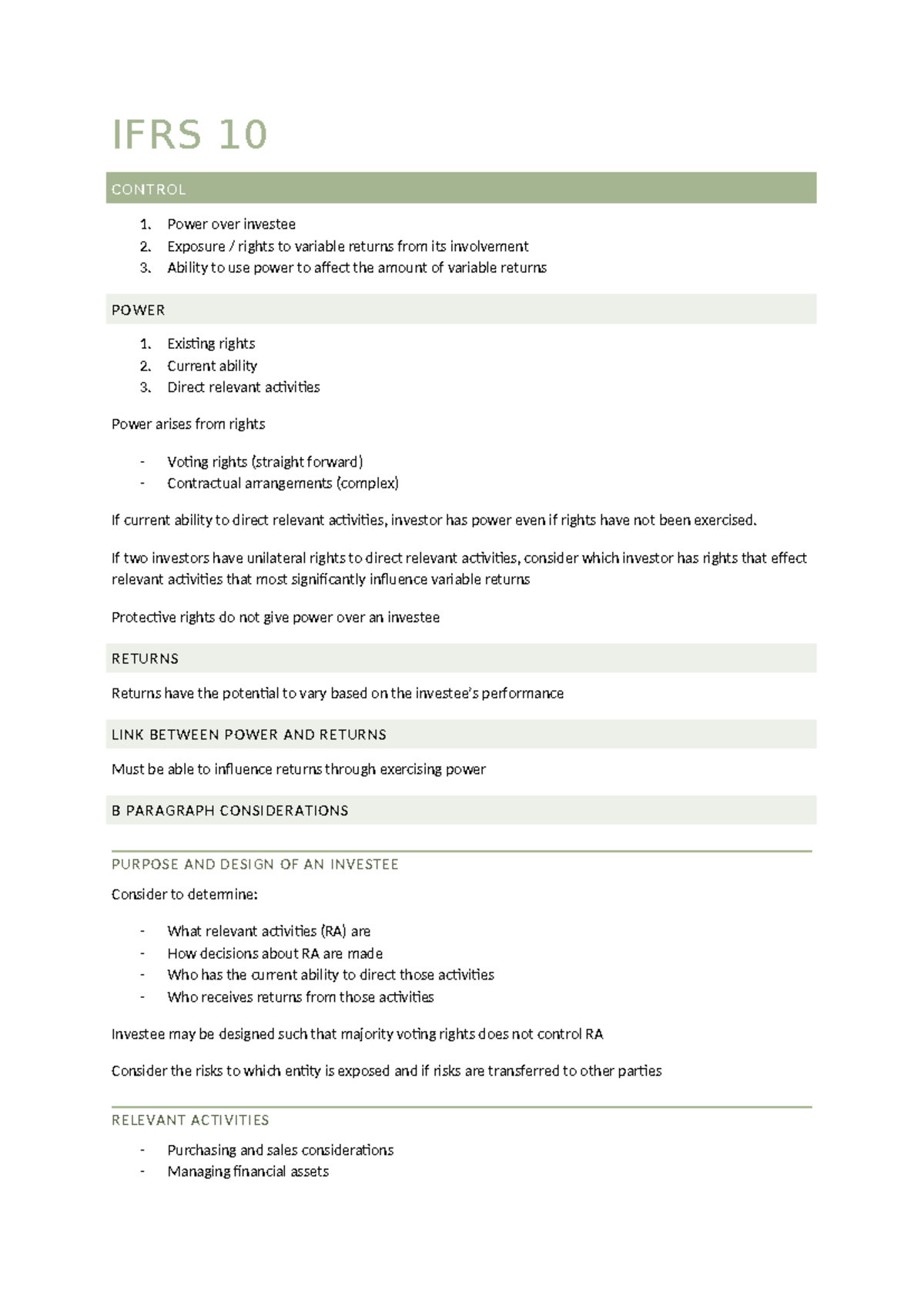 IFRS 10 - Notes - Accounting - IFRS 10 CONTROL Power over investee ...