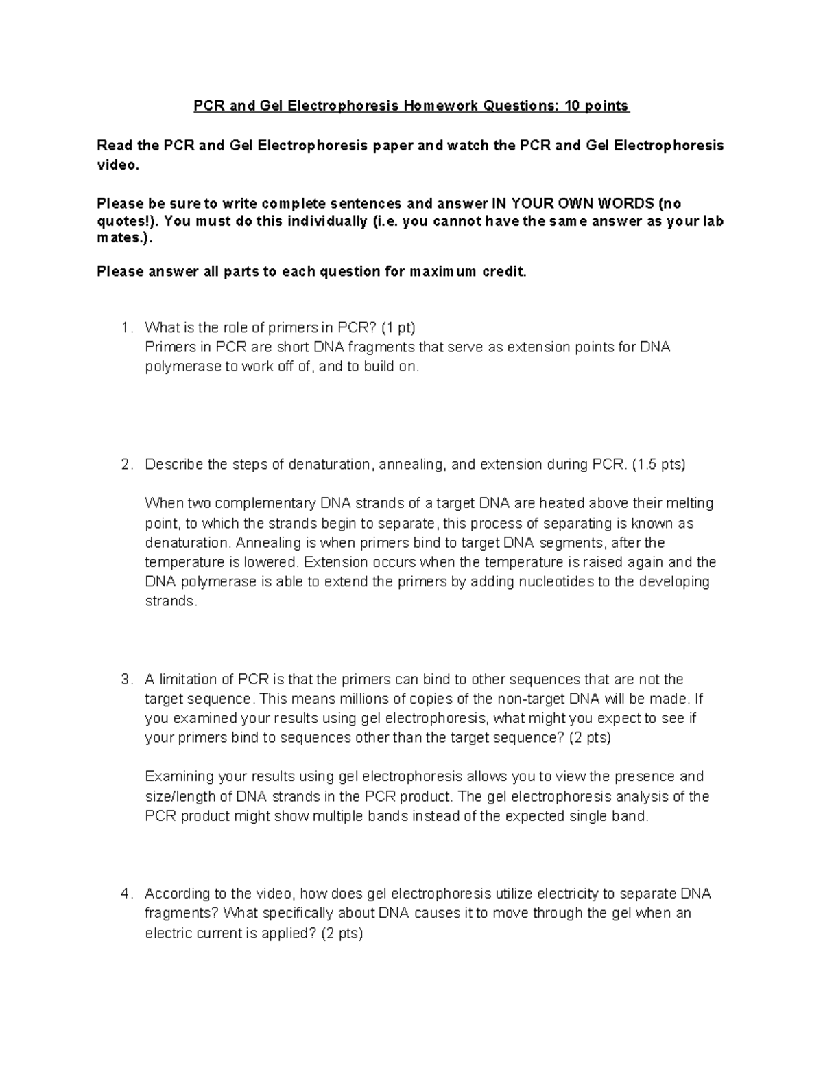 PCR and Gel Electrophoresis Homework Questions Spring 2024 - PCR and ...