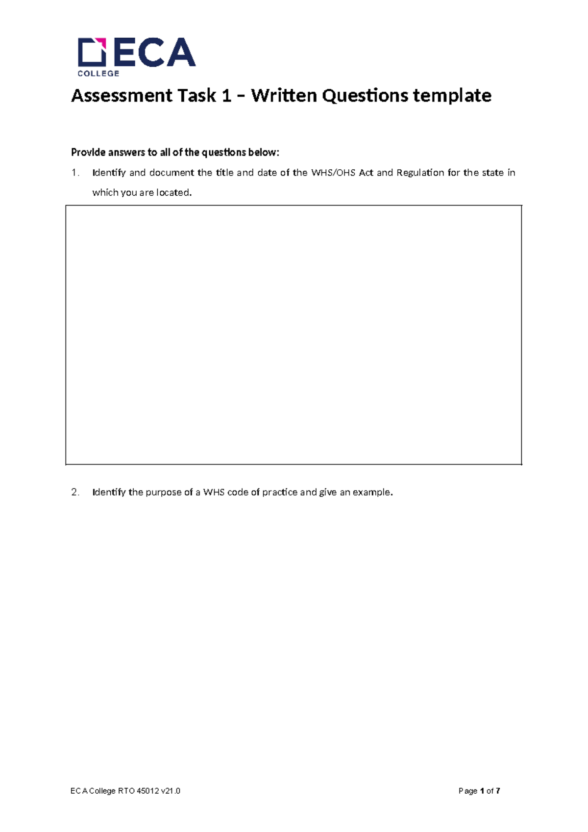 Bsbwhs 521 - Assessment Task 1 - Written Question Template - Assessment ...