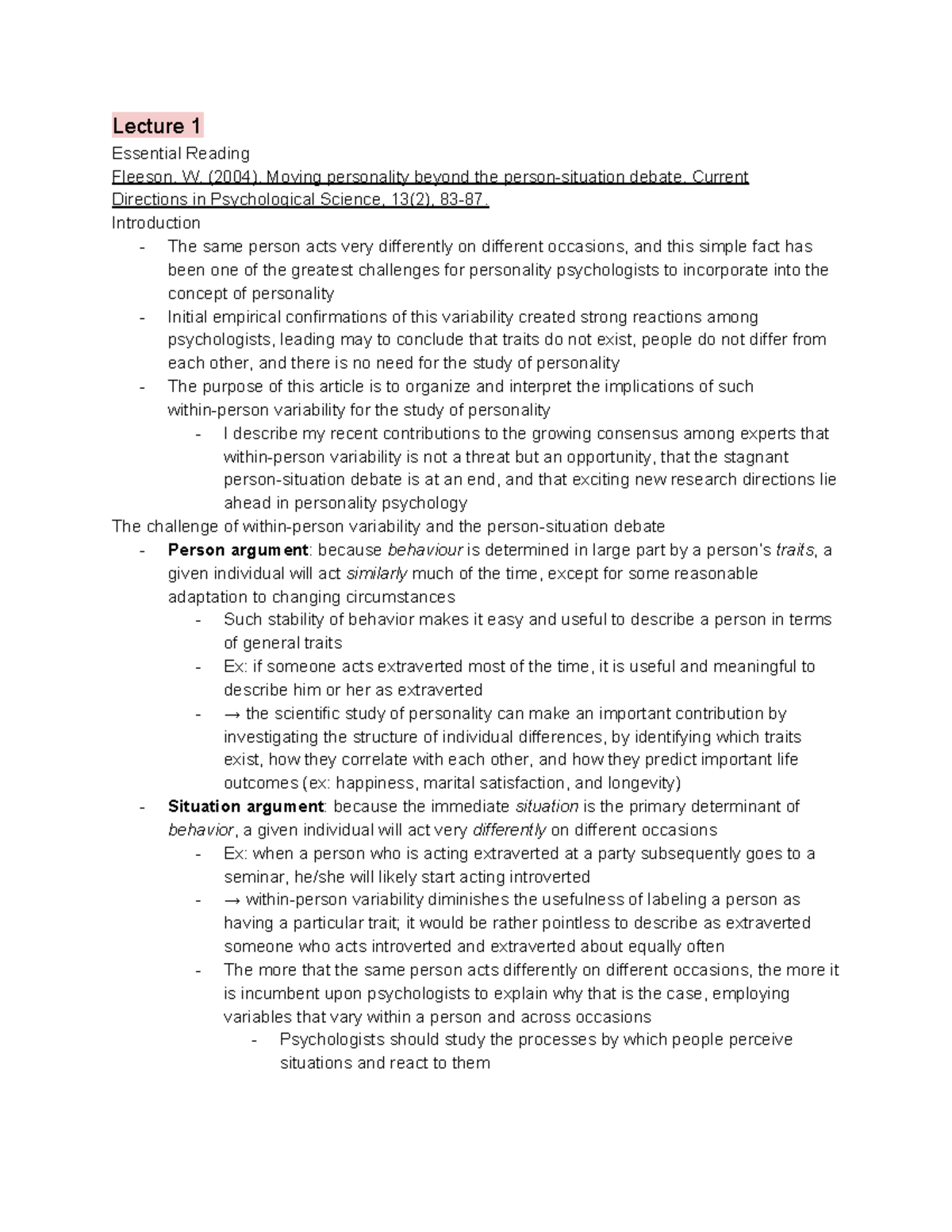 Reading - Traits and Theories of Personality - Lecture 1 Essential ...