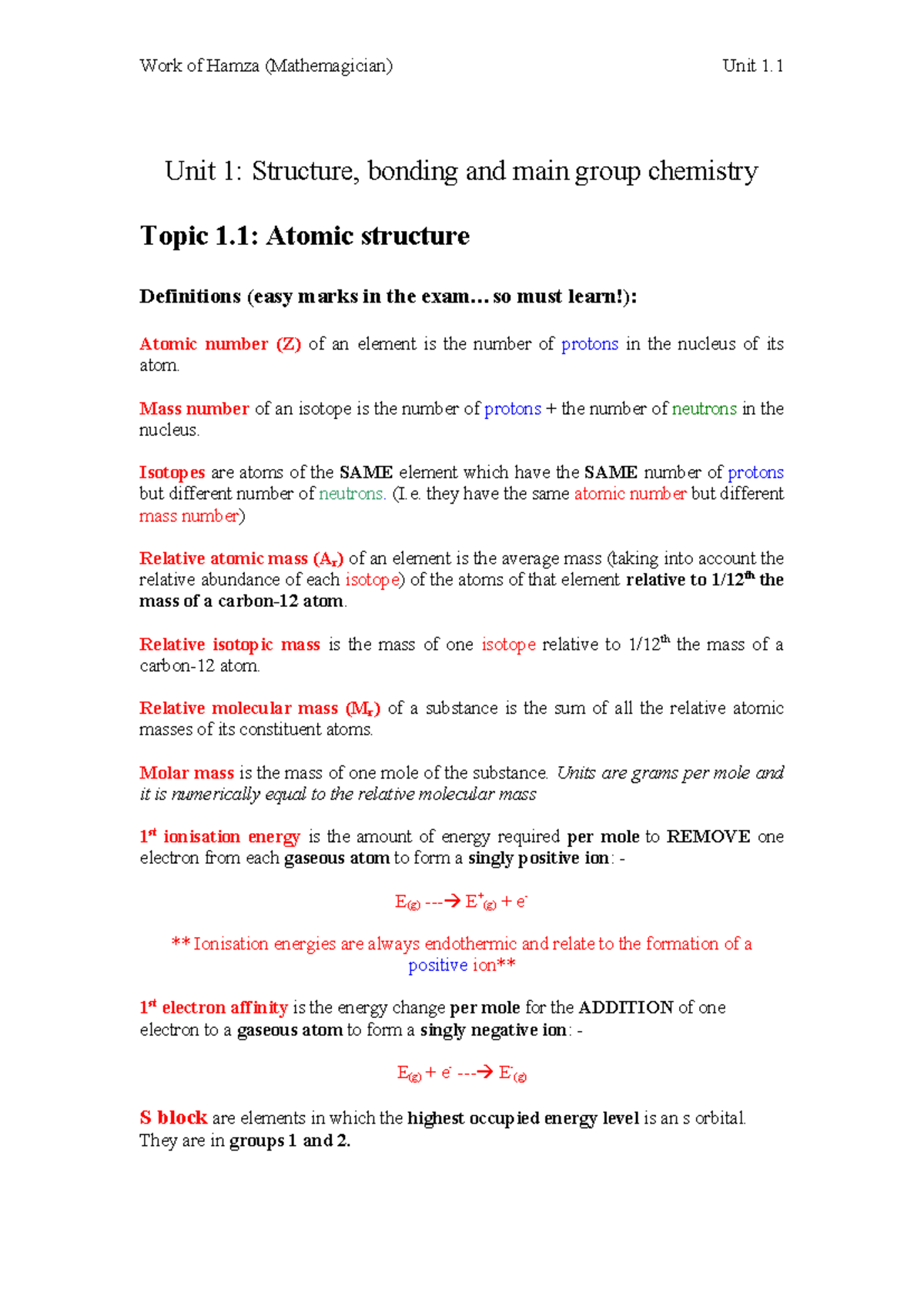 Unit 1 - chemistry notes - Unit 1: Structure, bonding and main group ...