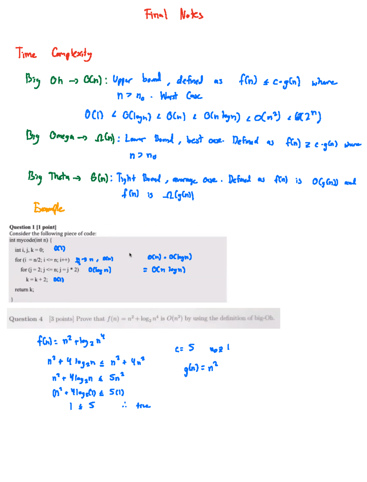 CSI2110 Final Notes - Final Notes Time Complexity Big Oh Ocn Upper bond ...