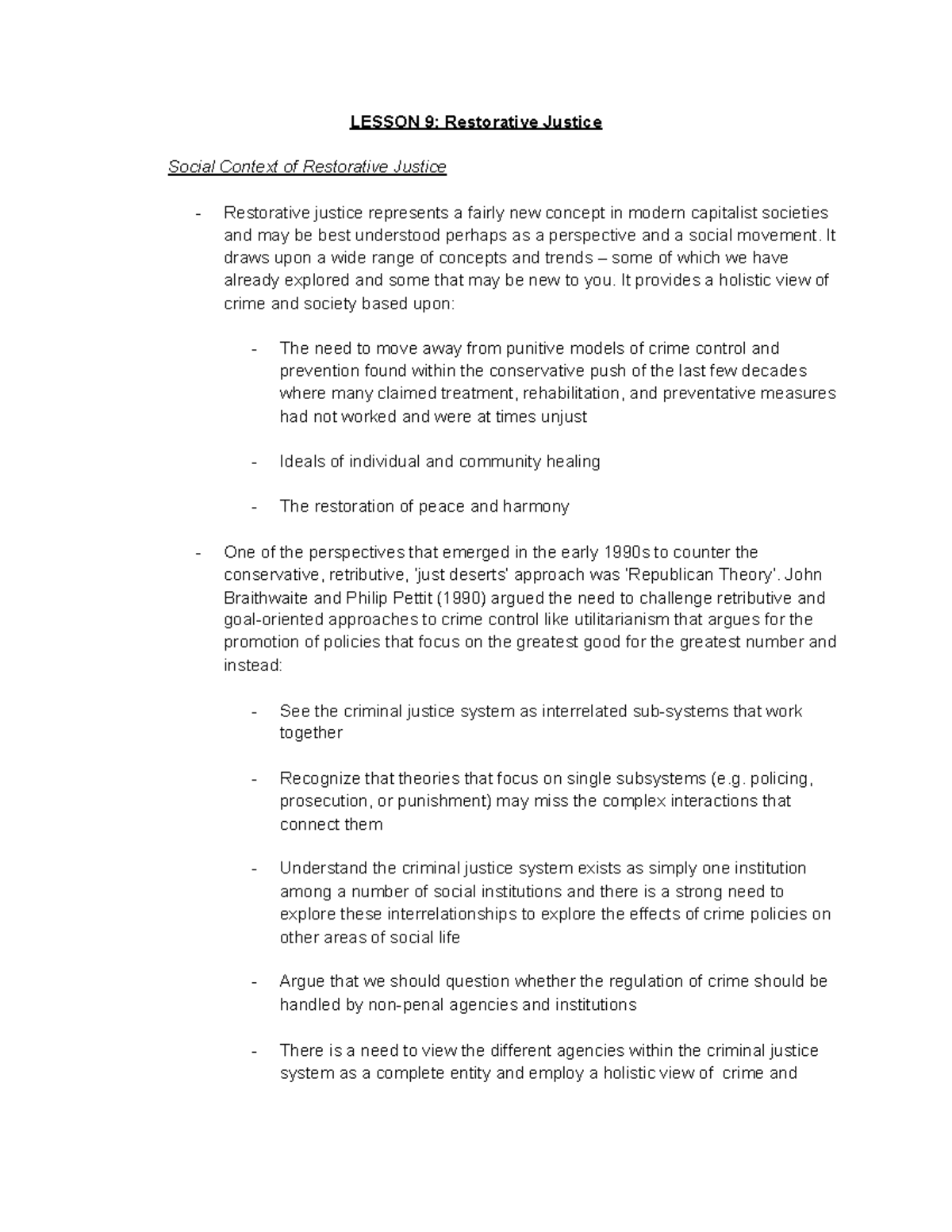 Lesson 9 Notes - Restorative Justice - LESSON 9: Restorative Justice ...