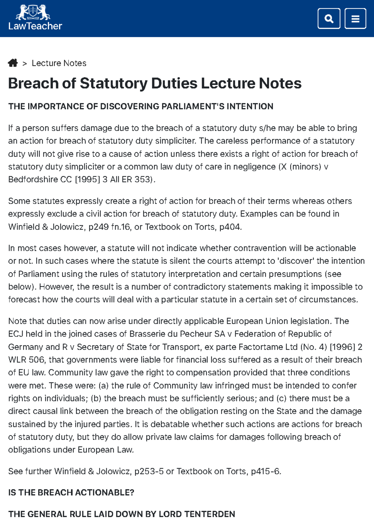 Breach of Statutory Duty Lecture - LawTeacher > Lecture Notes Breach ...