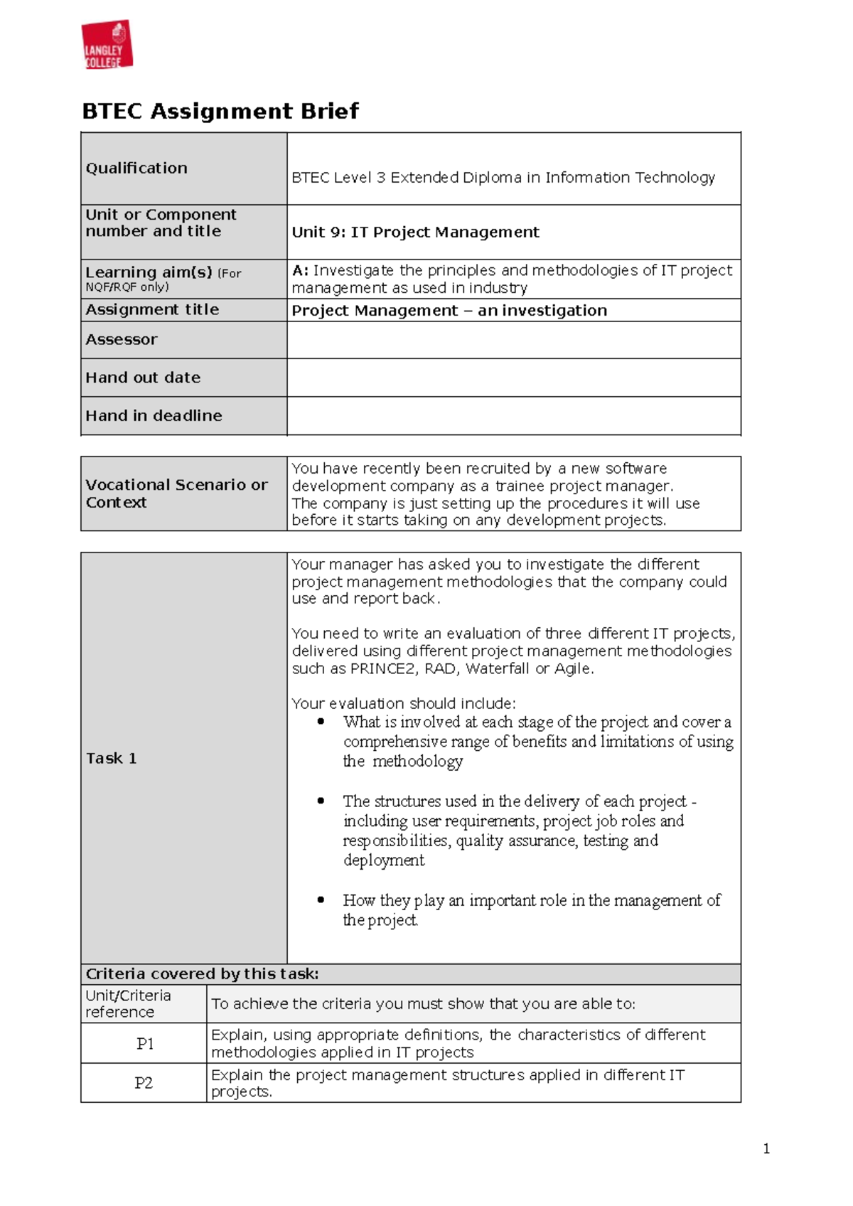Unit 9 ASS 1 Brief - BTEC Assignment Brief Qualification BTEC Level 3 ...