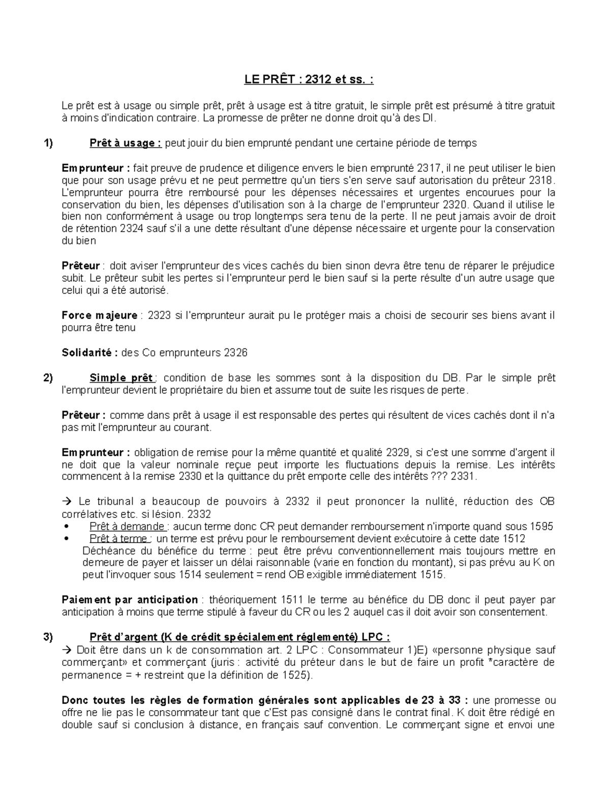 Notes - Le contrat de prêt récapitulatif - LE PRÊT : 2312 et ss. : Le ...