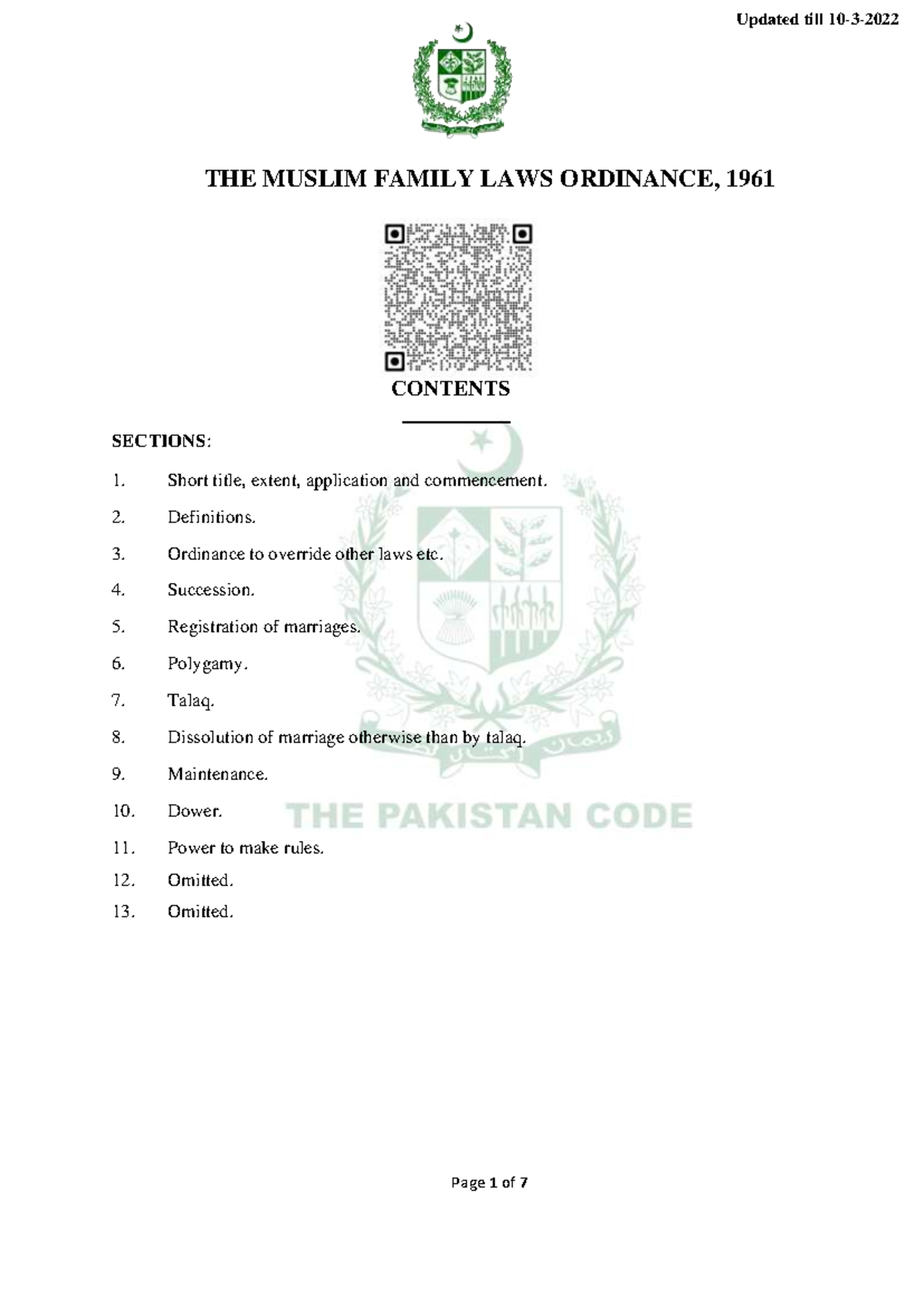 Muslim Family Law Ordinance 1961 Mpl The Muslim Family Laws Ordinance