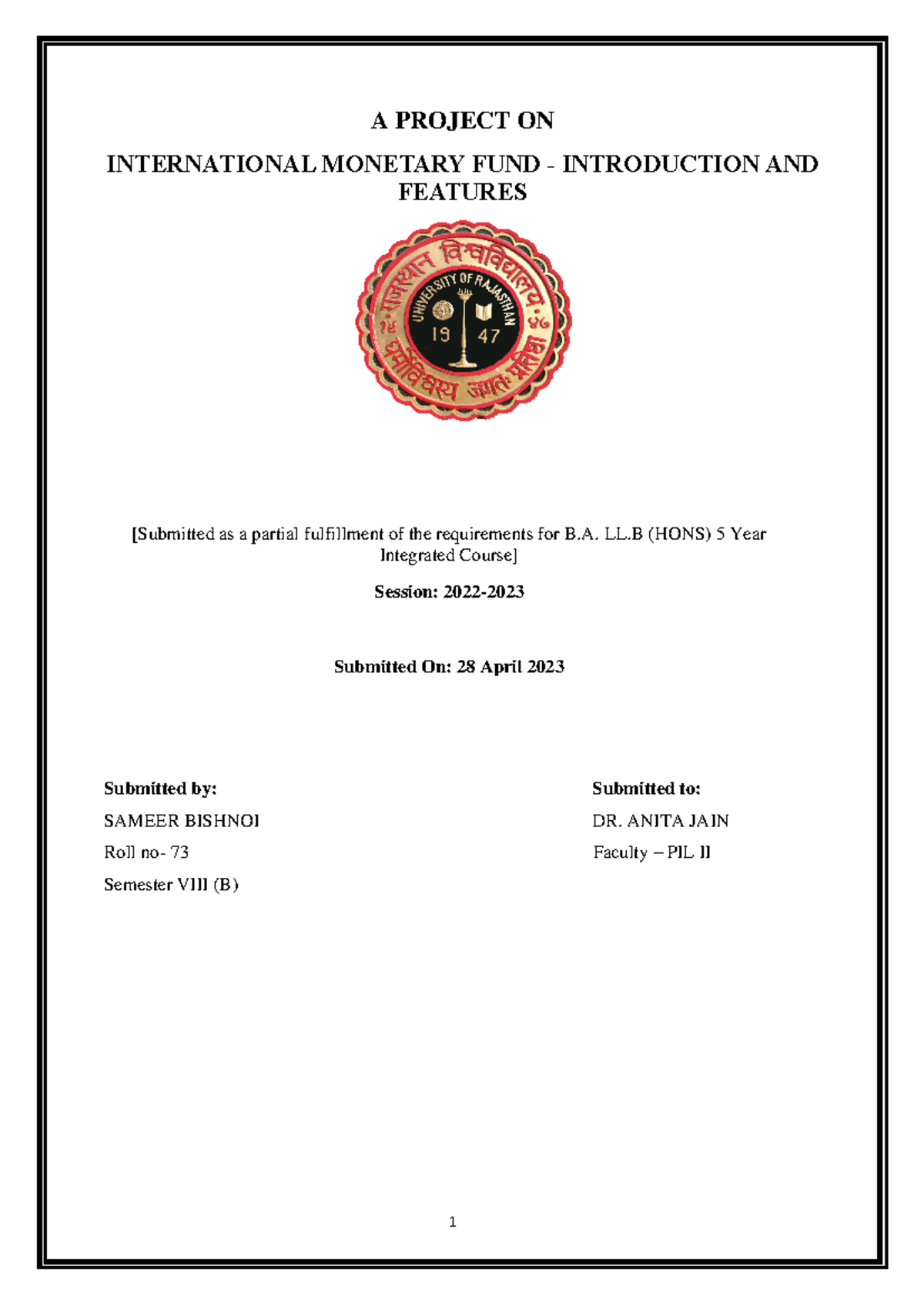 PIL - project - A PROJECT ON INTERNATIONAL MONETARY FUND - INTRODUCTION ...