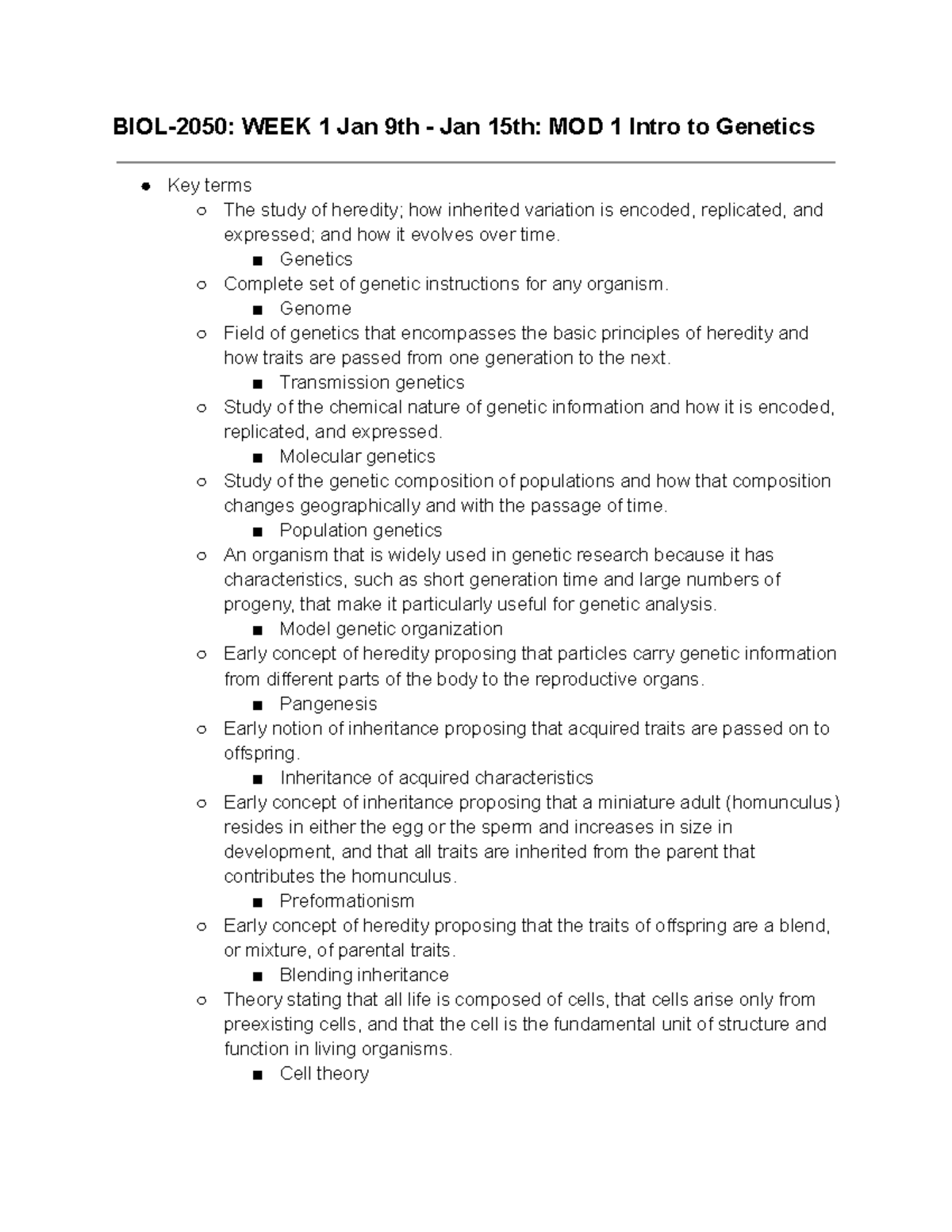 BIOL-2050 WEEK 1 MOD 1 - Lecture 1 - BIOL-2050: WEEK 1 Jan 9th - Jan ...