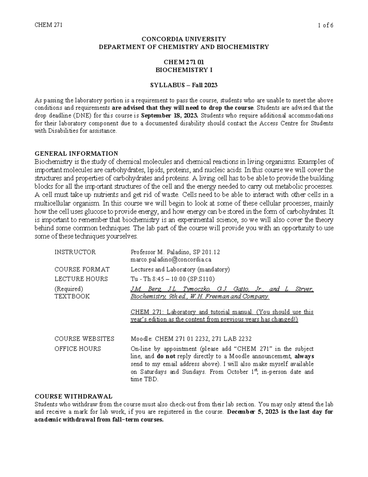 Course Outline - CHEM 271 (F23) - CONCORDIA UNIVERSITY DEPARTMENT OF ...