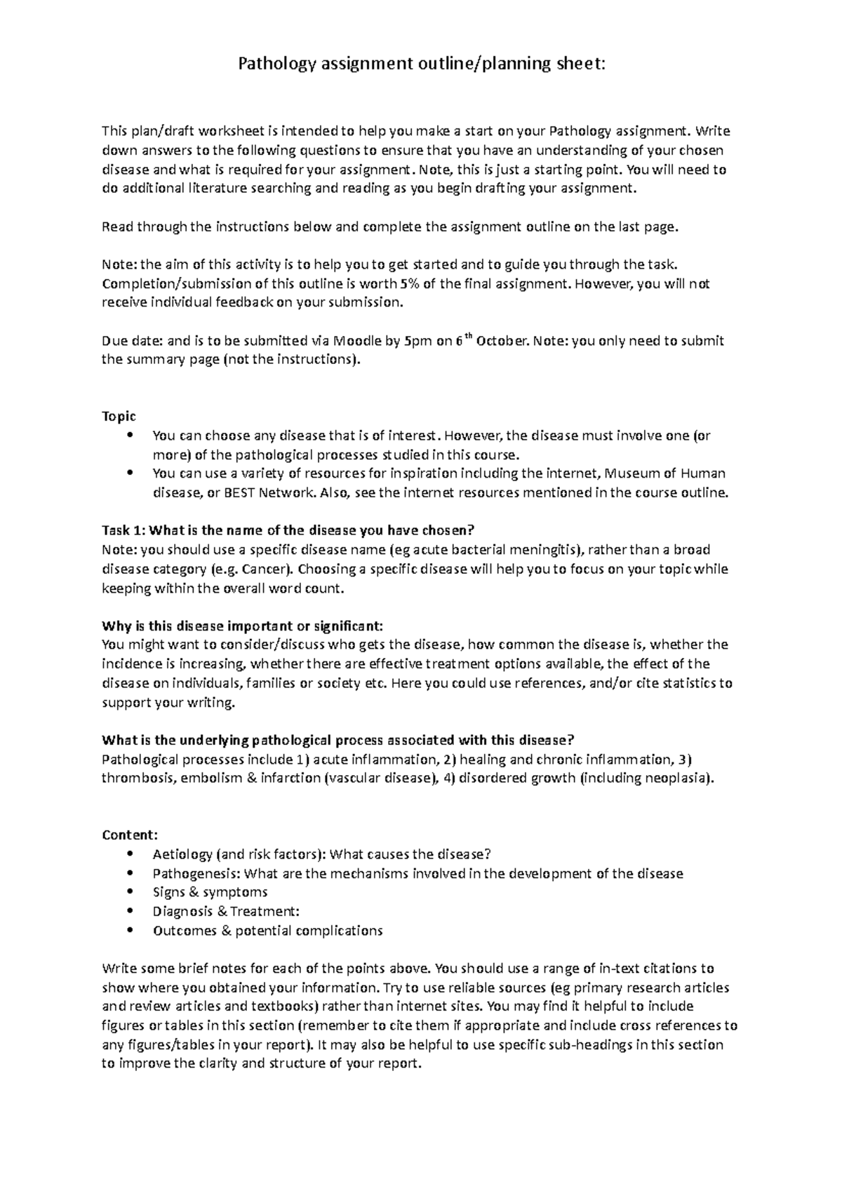 Pathology Assignment - Outline template - This plan/draft worksheet is ...